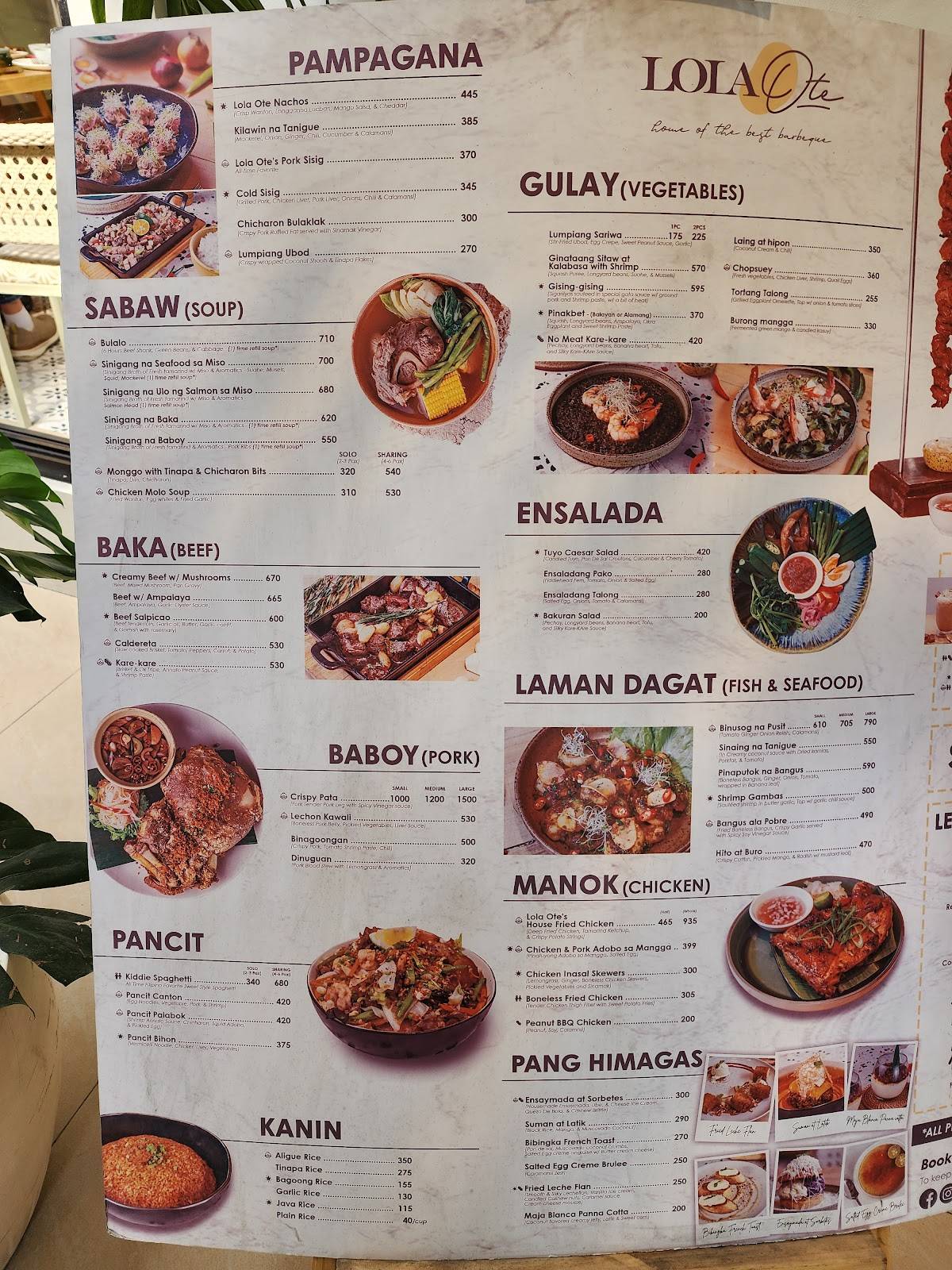 Menu at Lola Ote Restaurant, Quezon City, 24 Sgt. Esguerra Ave