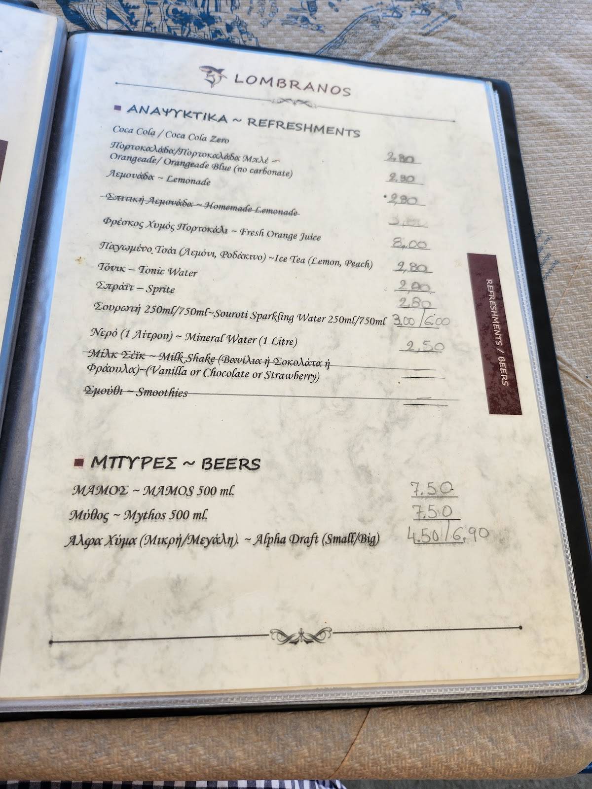 Menu at Lombranos, Ormos Firon