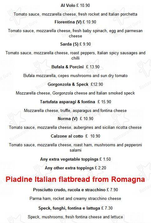Menu at Al Volo restaurant, London