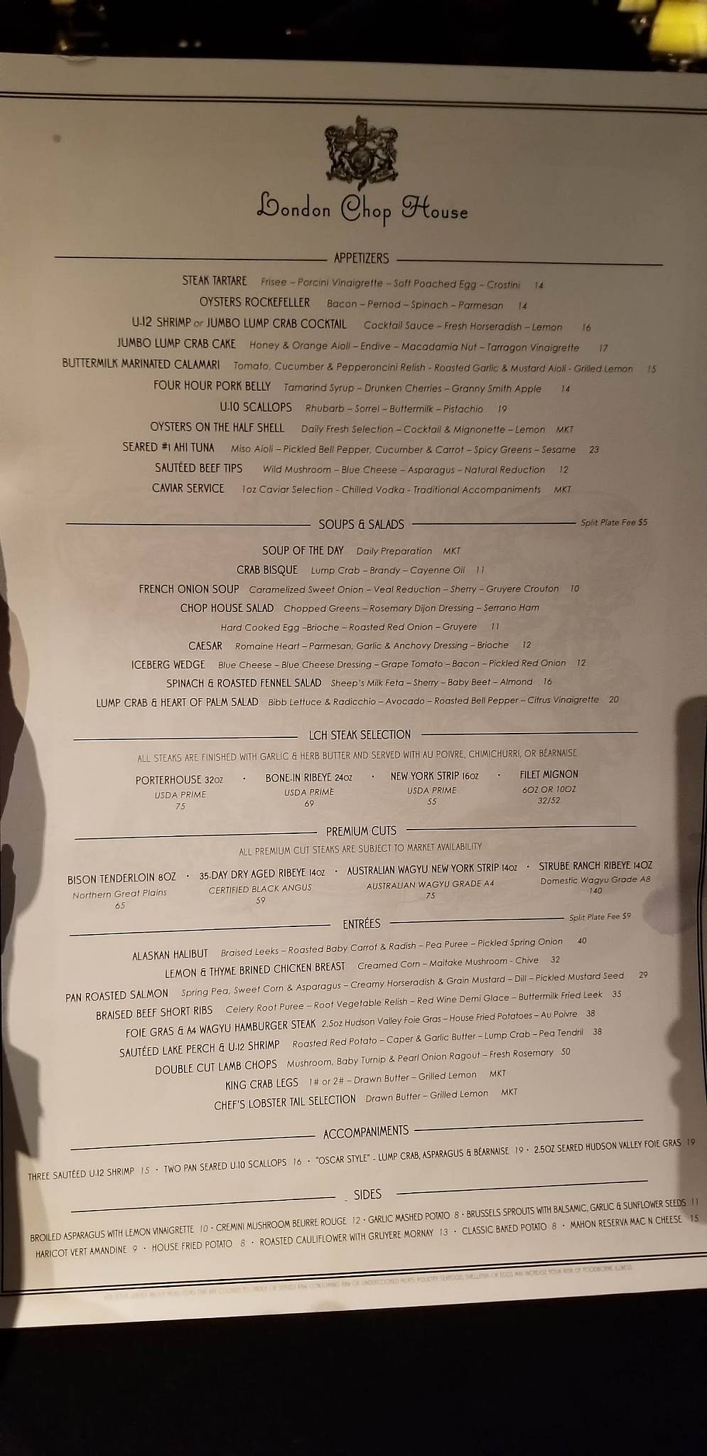 Menu at London Chop House pub & bar, Detroit