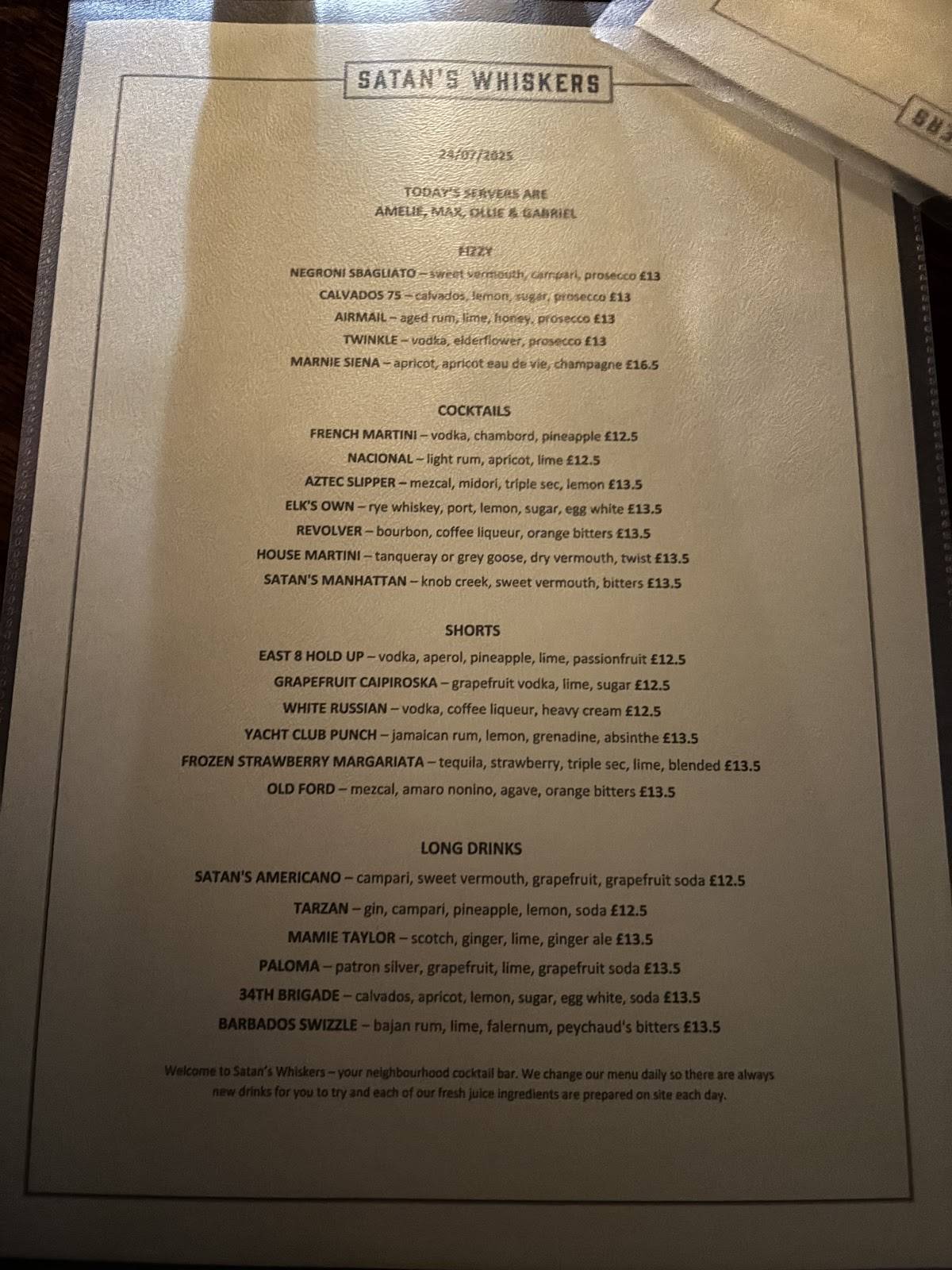 Menu at Satan's Whiskers pub & bar, London