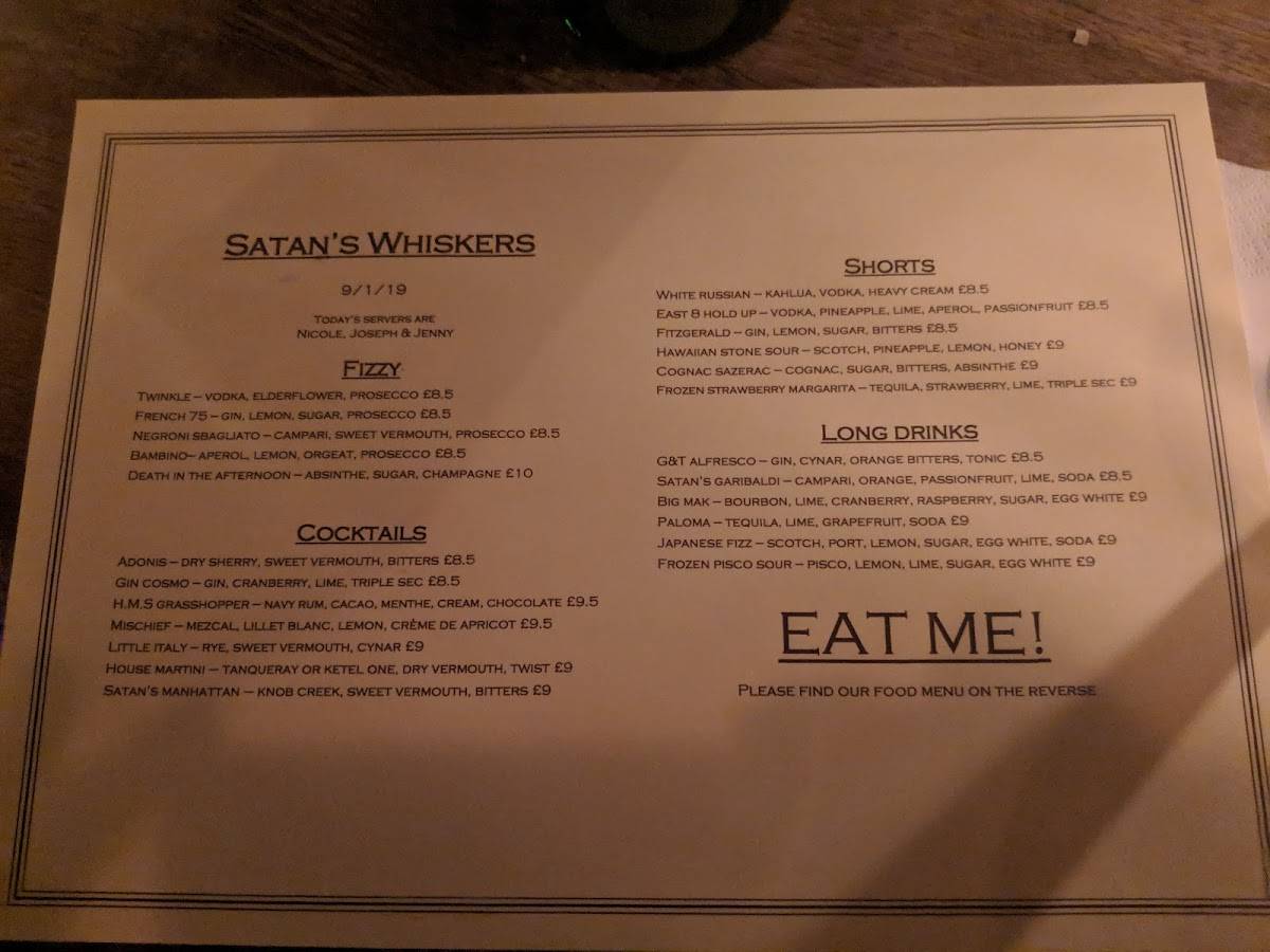 Menu at Satan's Whiskers pub & bar, London