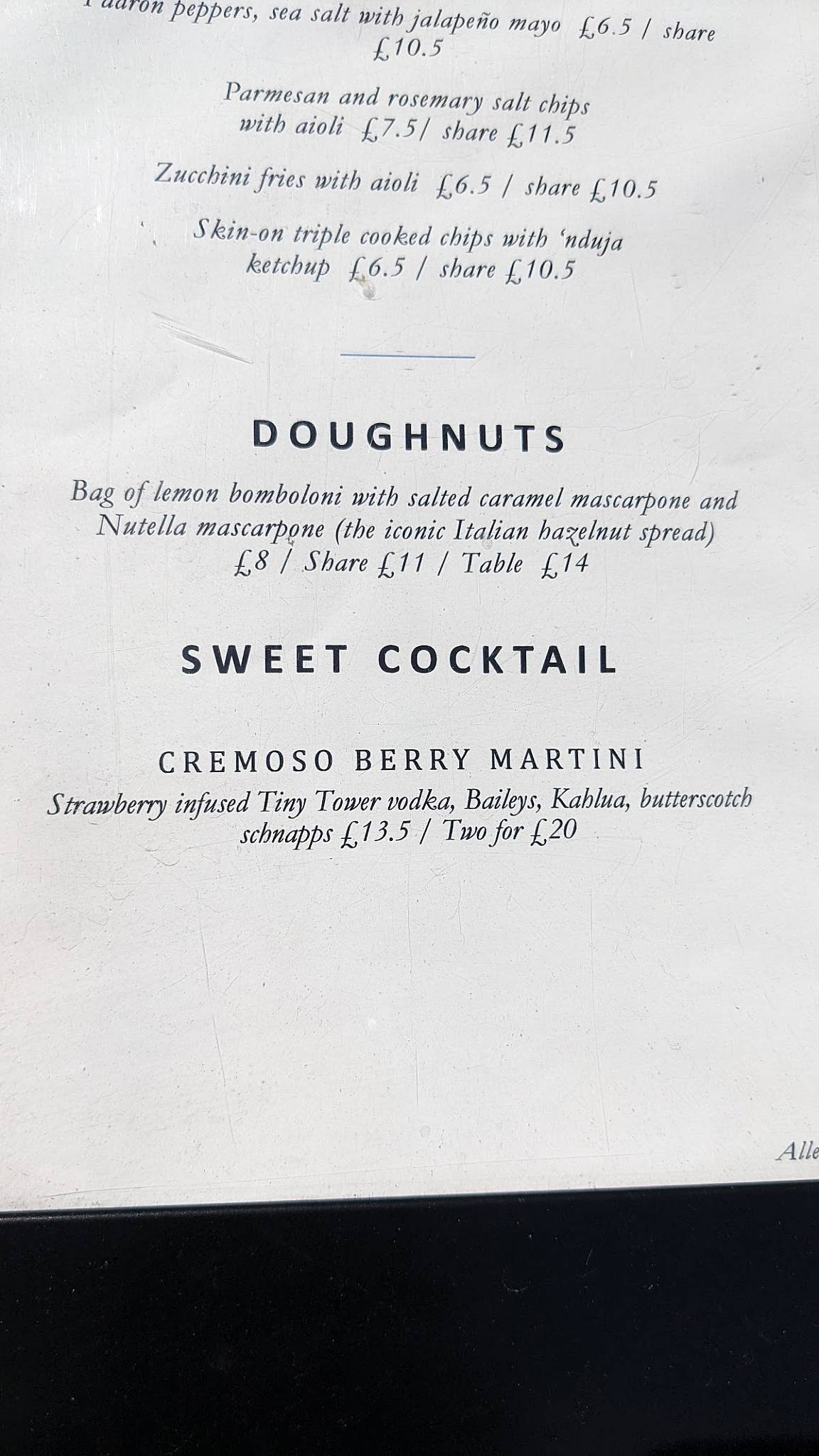 Menu at Serata Hall pub & bar, London, 207 Old St