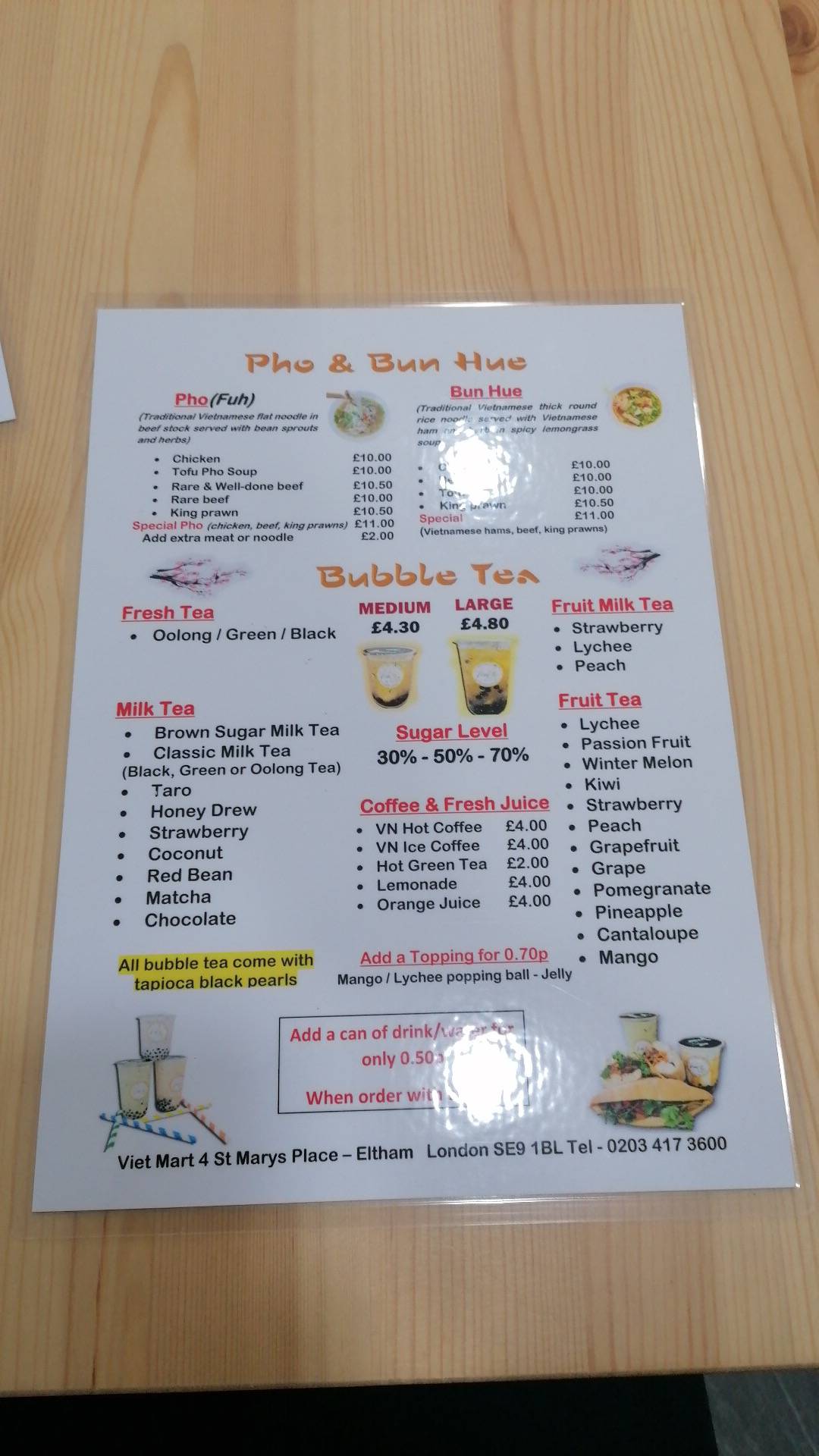Menu at Viet Mart restaurant, London