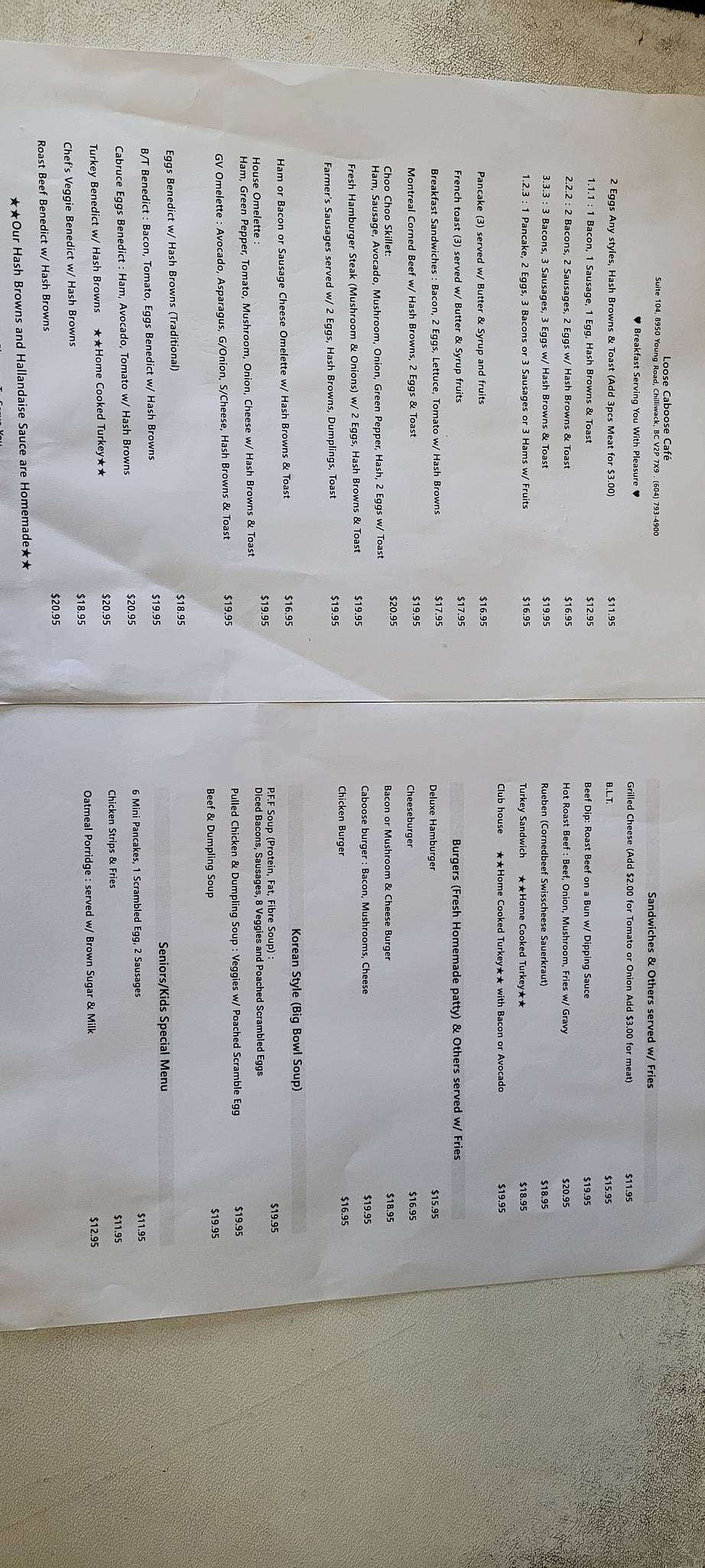 Menu at Loose Caboose Cafe, Chilliwack