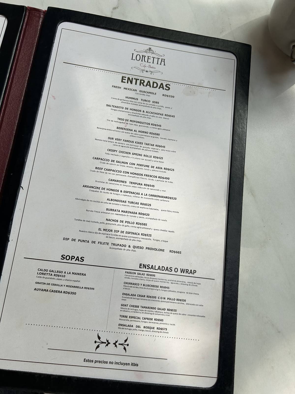 Carta de Loretta Café Bistro, Santo Domingo