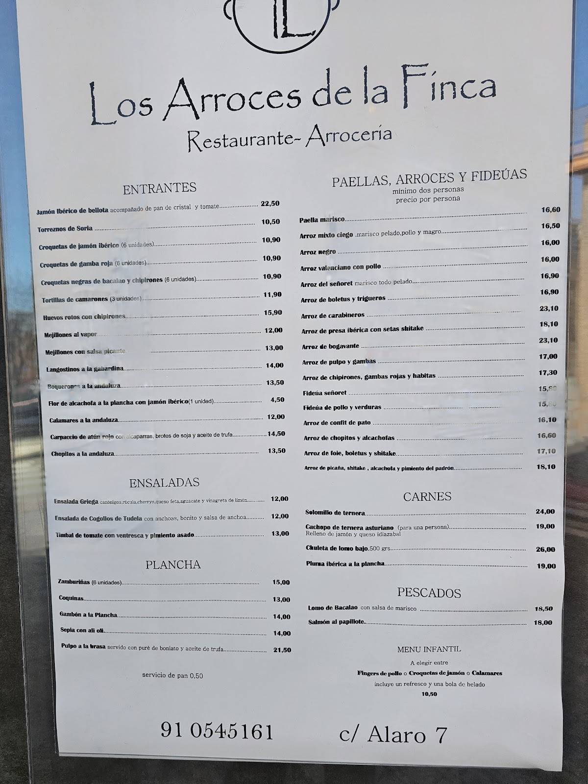 Menu at Los Arroces de la Finca restaurant, Madrid