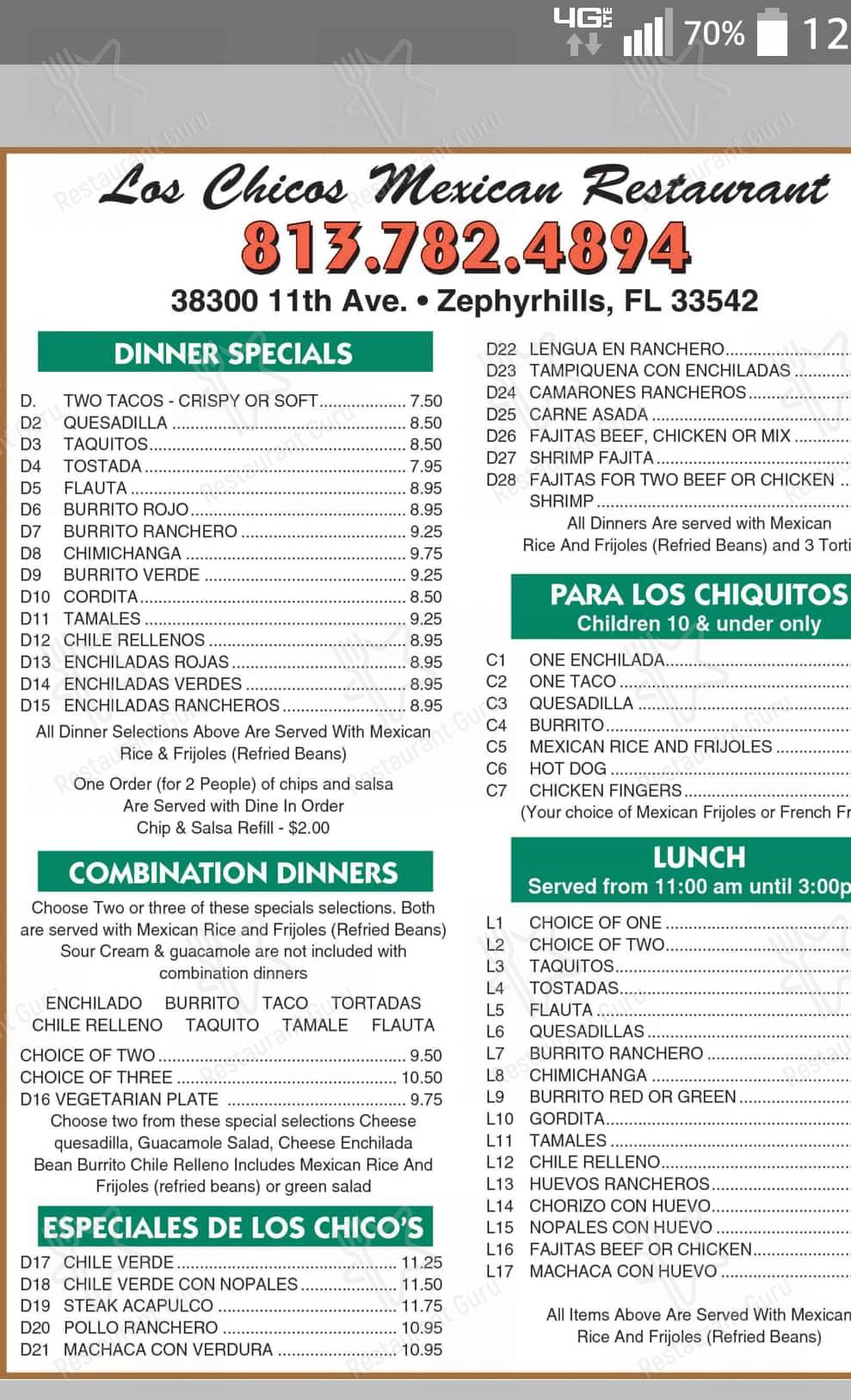 Menu at Los Chicos restaurant, Zephyrhills