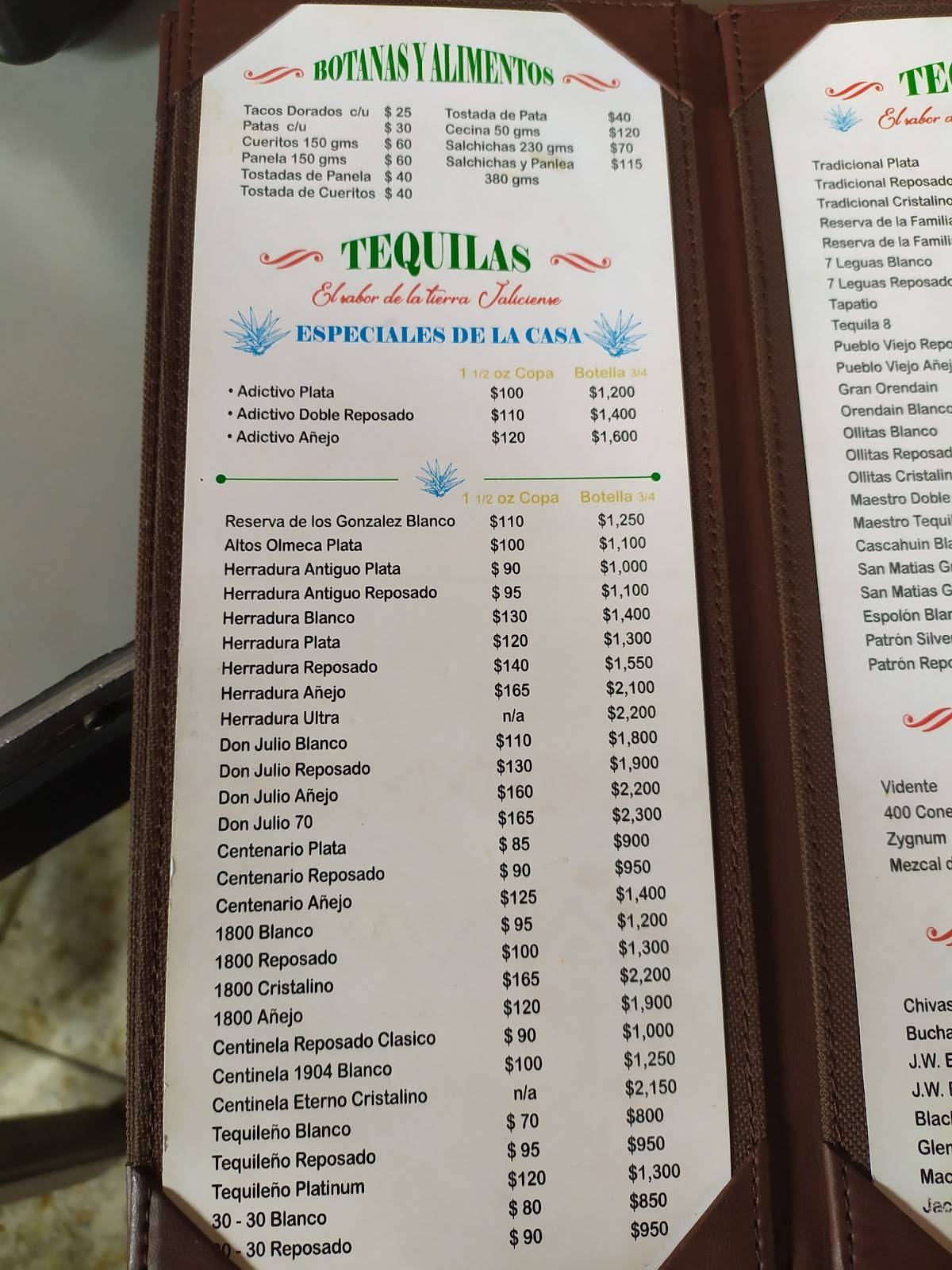Carta del pub y bar Los Famosos Equipales, Guadalajara