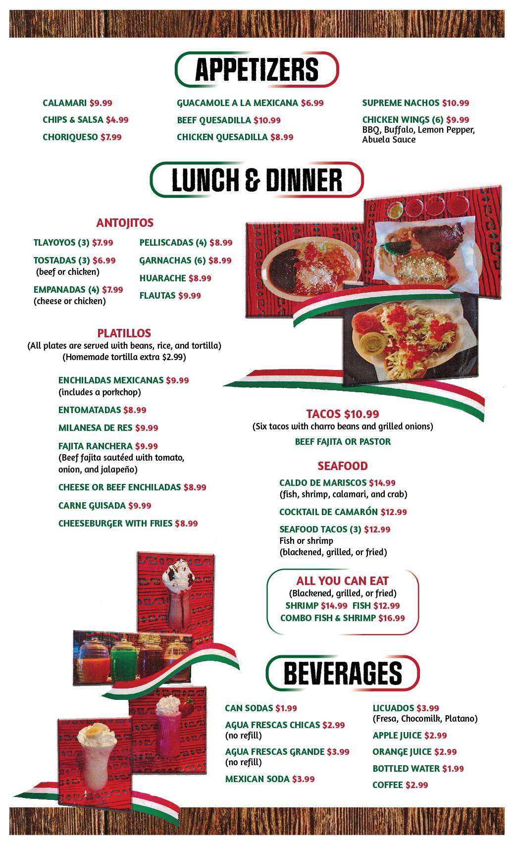 Menu at Los Tres Hermanos restaurant, Port Isabel