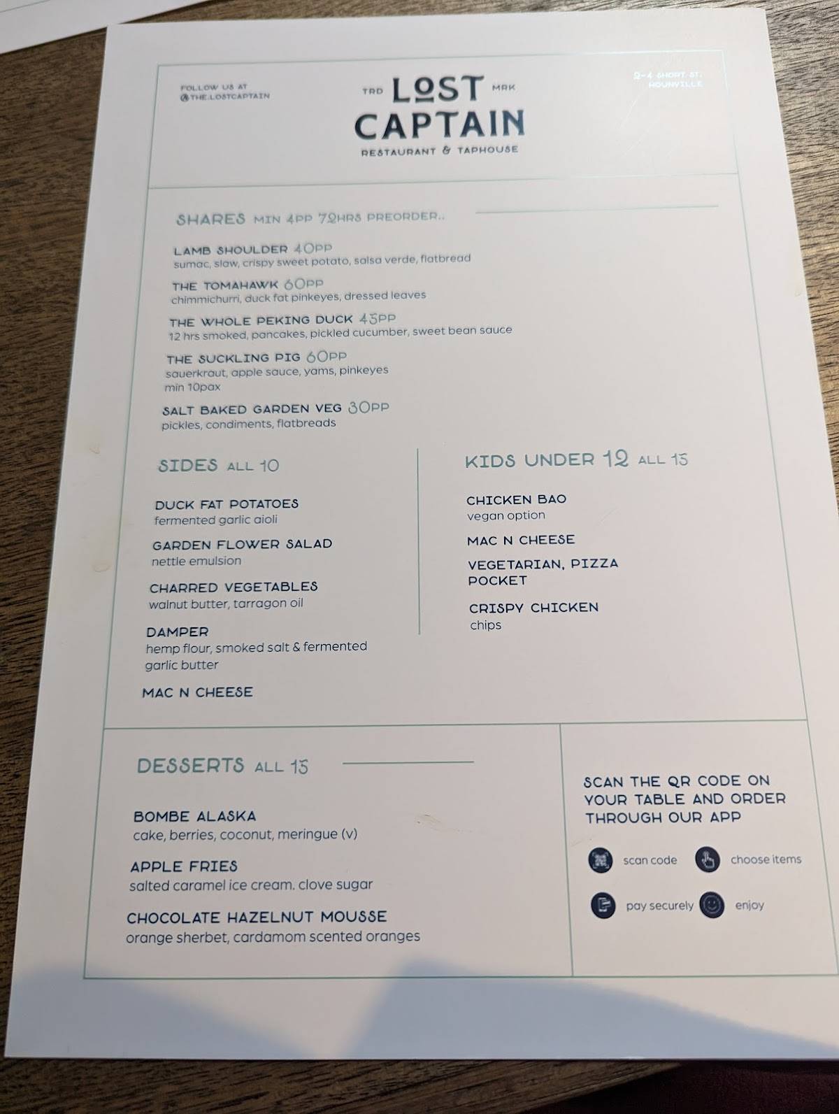 Menu at Lost Captain restaurant, Huonville