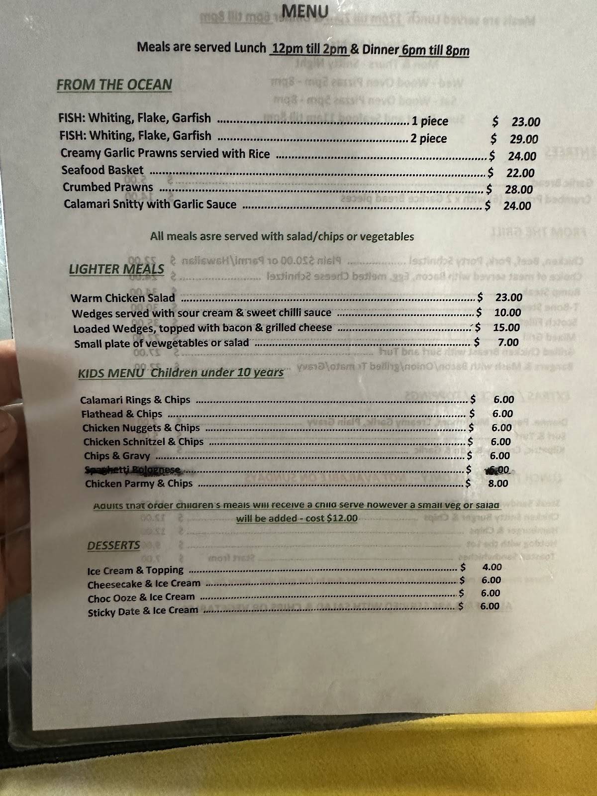 Menu at Lower Light Hotel restaurant, Lower Light, 33 Port Wakefield Rd