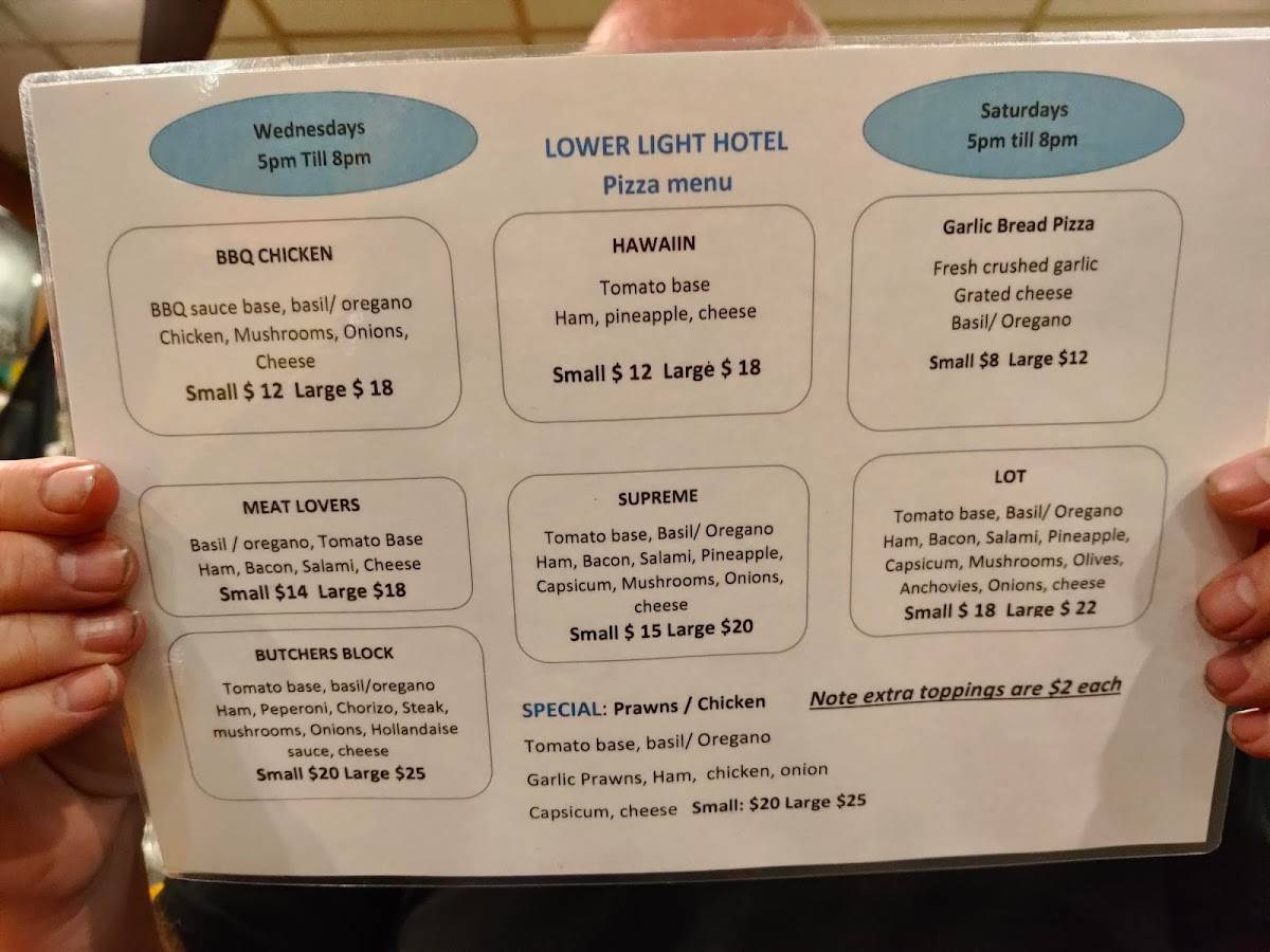 Menu at Lower Light Hotel restaurant, Lower Light, 33 Port Wakefield Rd