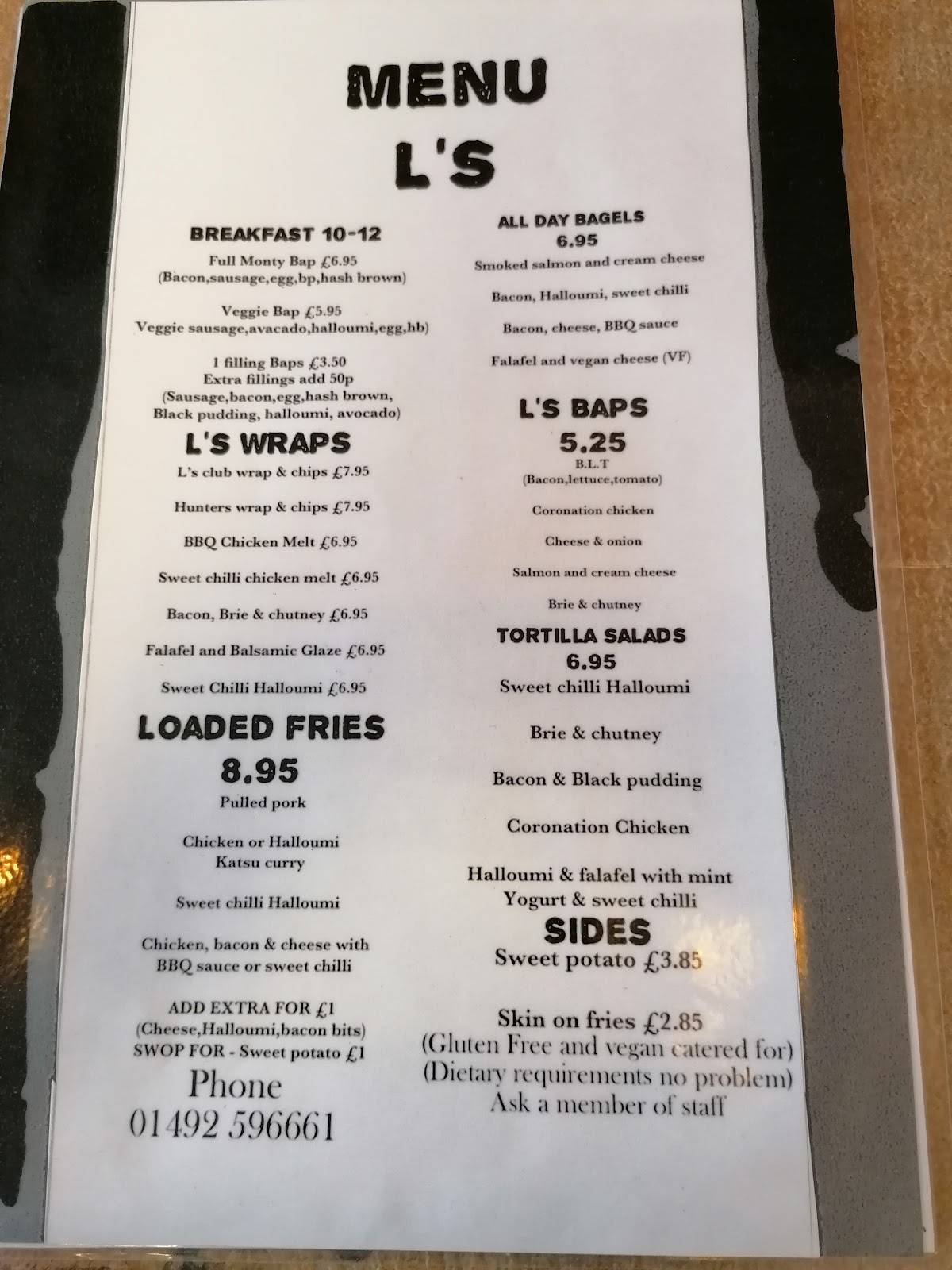 Menu at L's Coffee & Bookshop cafe, Conwy
