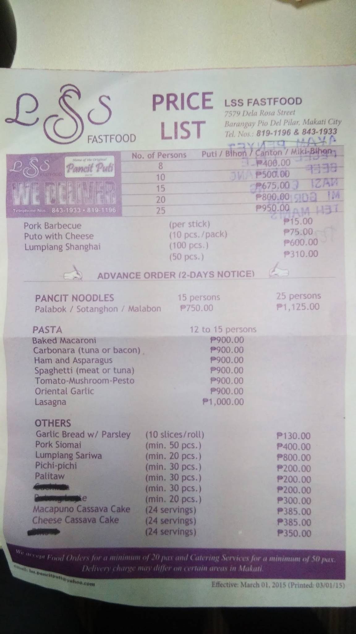 Carta del restaurante Lss Fastfood - Home of the Original Pancit Puti ...