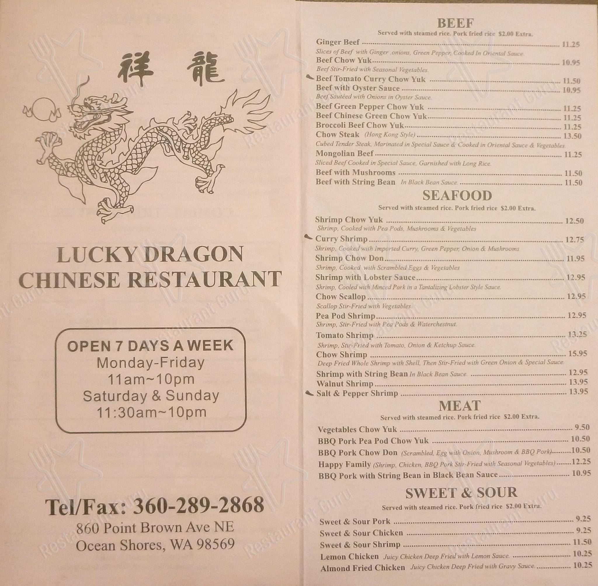 Menu at Lucky Dragon Restaurant, Ocean Shores