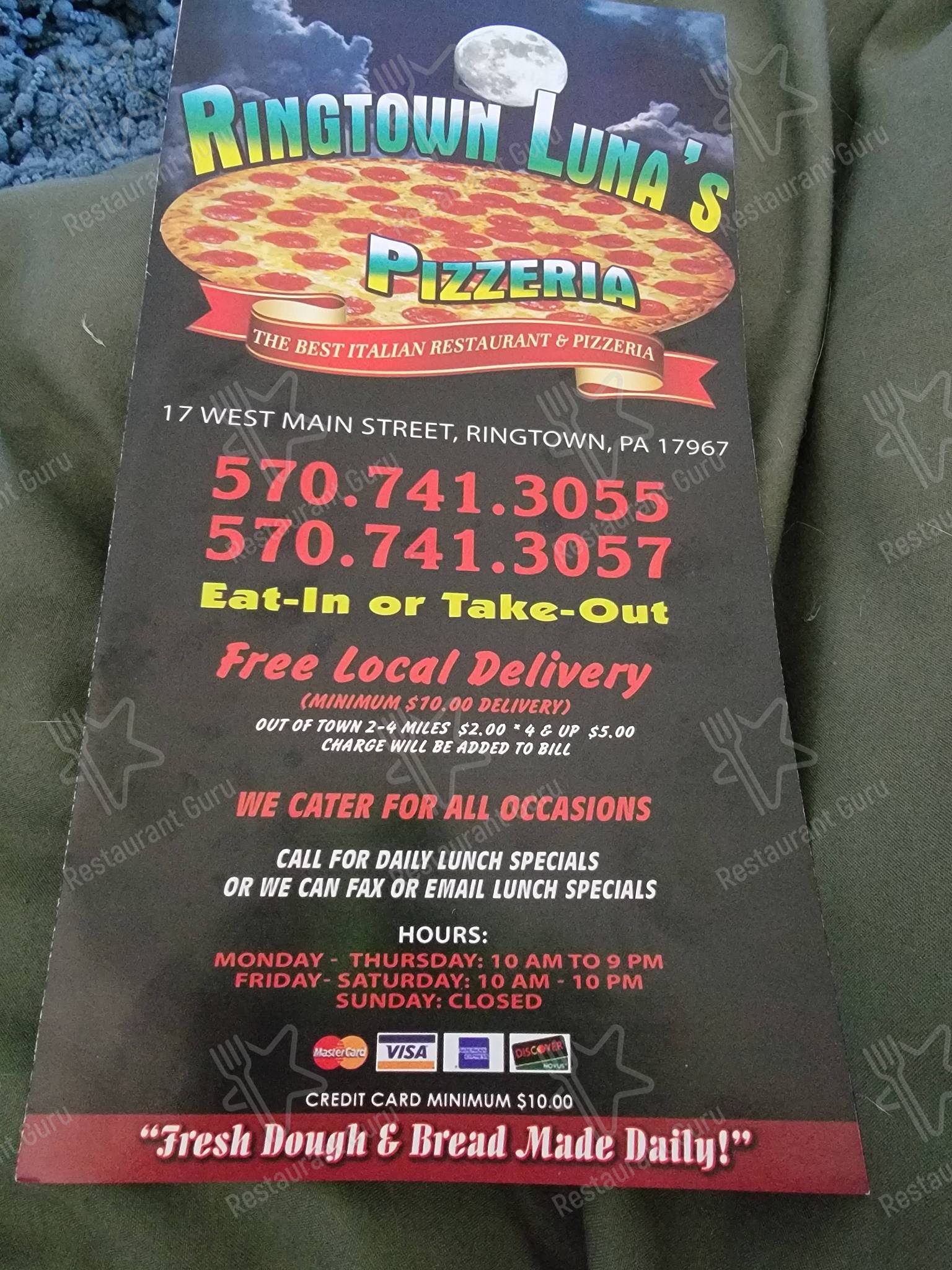 Menu at Luna’s Pizzeria, Ringtown