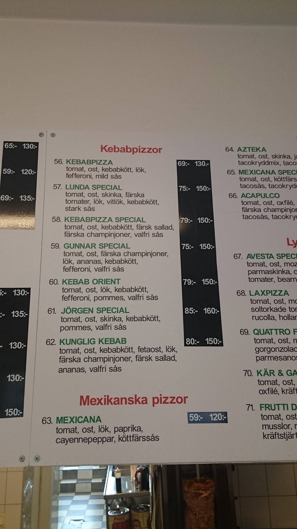 Menu at Avesta Pizzeria, Lund