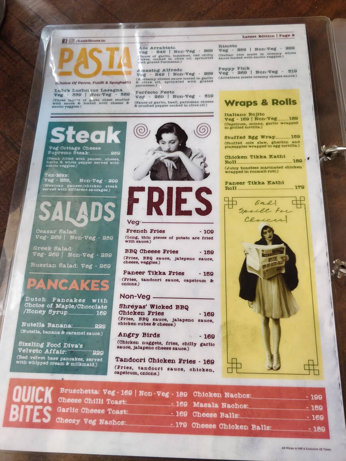 Menu at Lush House, Nagpur
