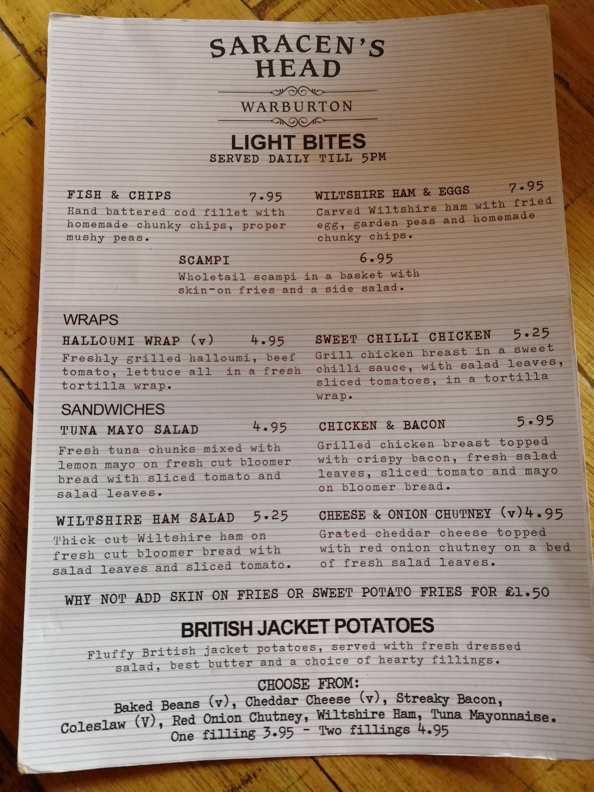 Menu at Saracens Head pub & bar, Lymm, Paddock Ln