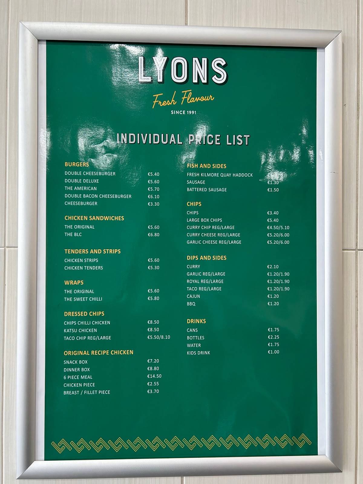 Menu at Lyons Takeaway restaurant, Clonmel, Cashel Road Roundabout