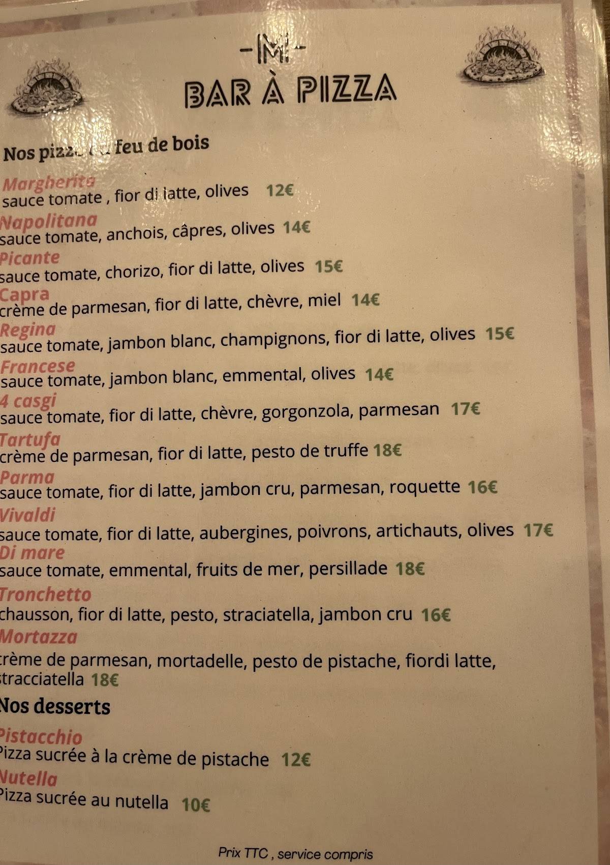 Menu au -M- Bar à Pizza, L'Île-Rousse