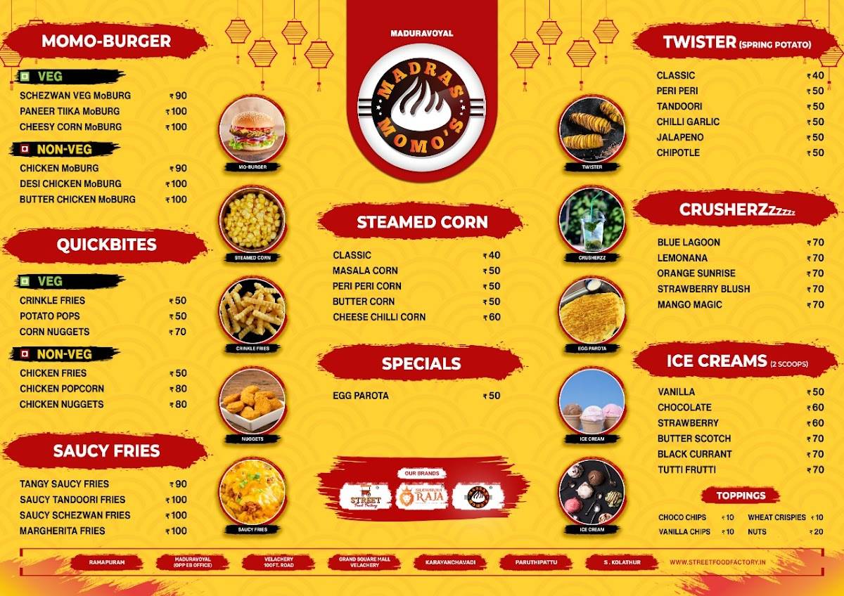 Menu at MADRAS MOMOS STREET FOOD FACTORY MOMOS CRUSHERS FRIES ICECREAM ...