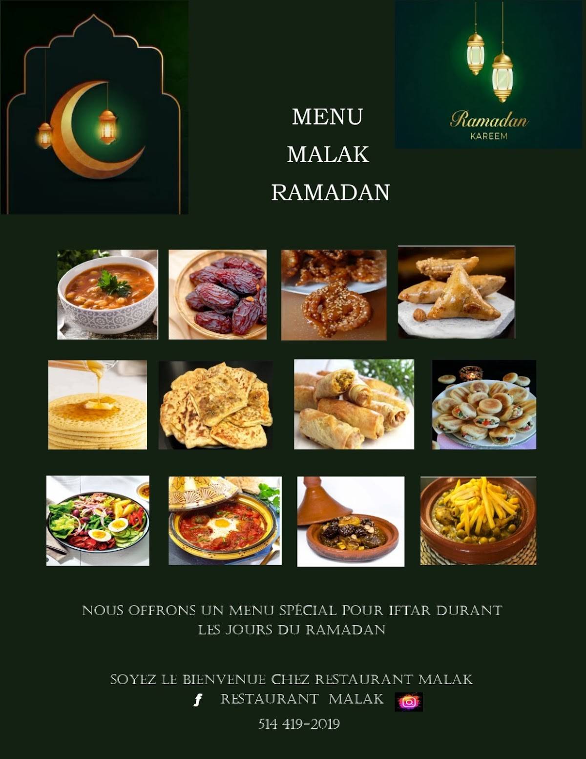 Menu au MALAK Restaurant marocain, Montréal
