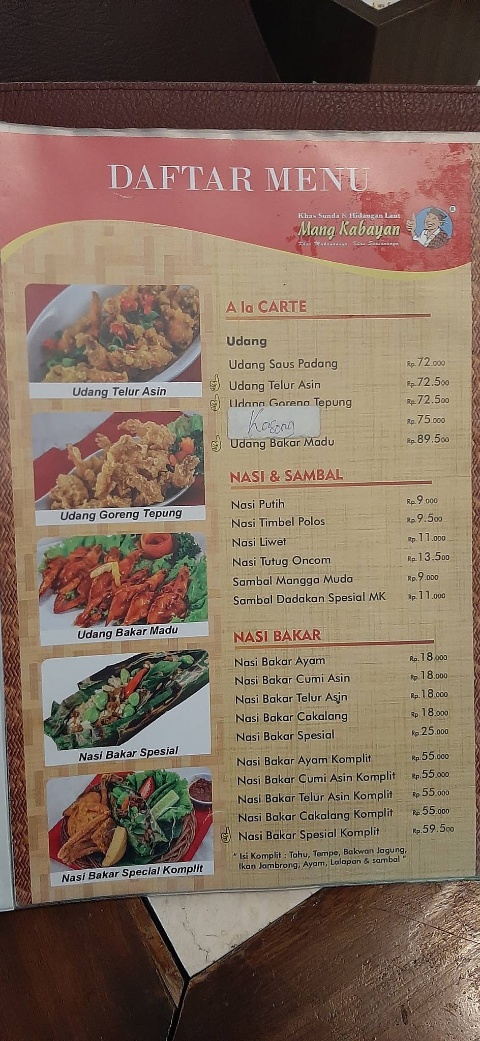 Menu at Mang Kabayan Jababeka restaurant, Bekasi Regency, Komplek Movieland