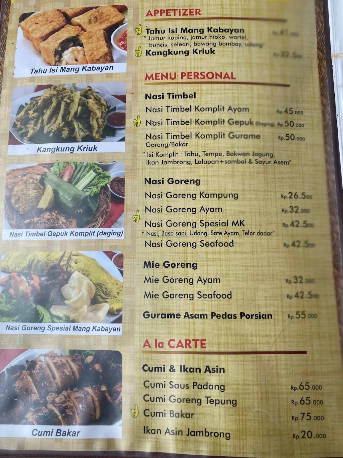 Menu at Mang Kabayan Jababeka restaurant, Bekasi Regency, Komplek Movieland
