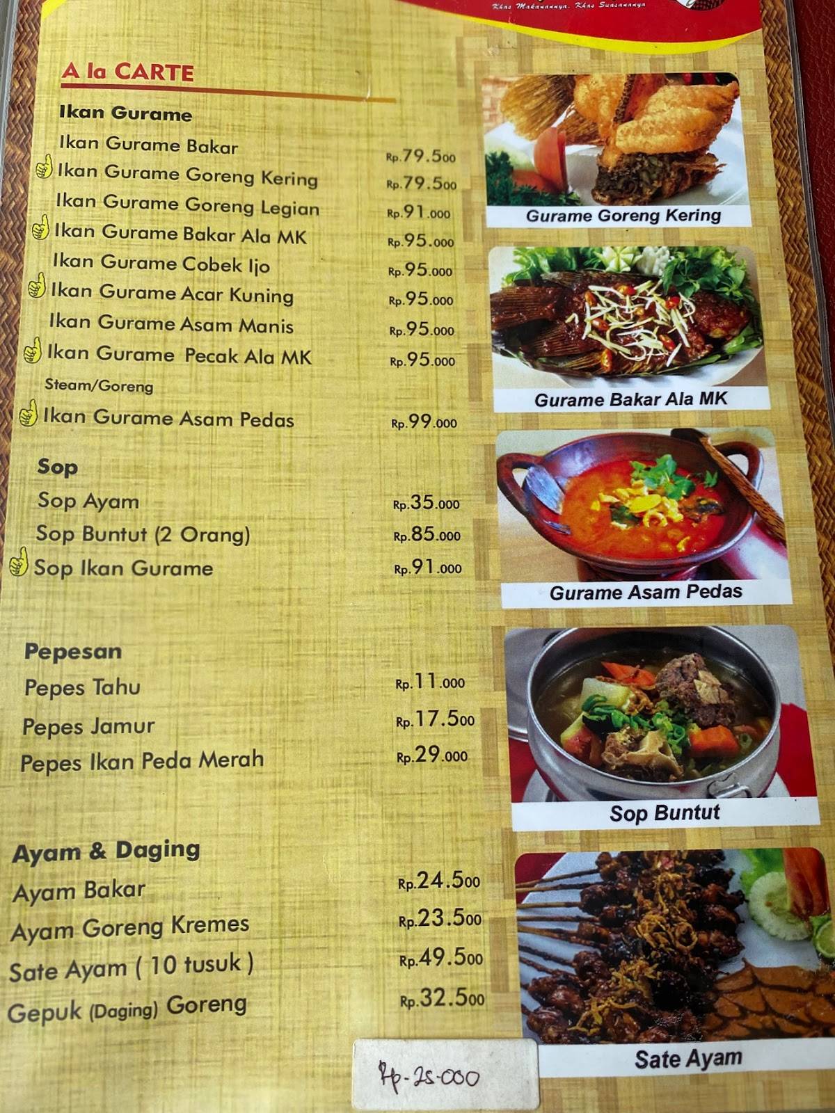 Menu at Mang Kabayan Jababeka restaurant, Bekasi Regency, Komplek Movieland