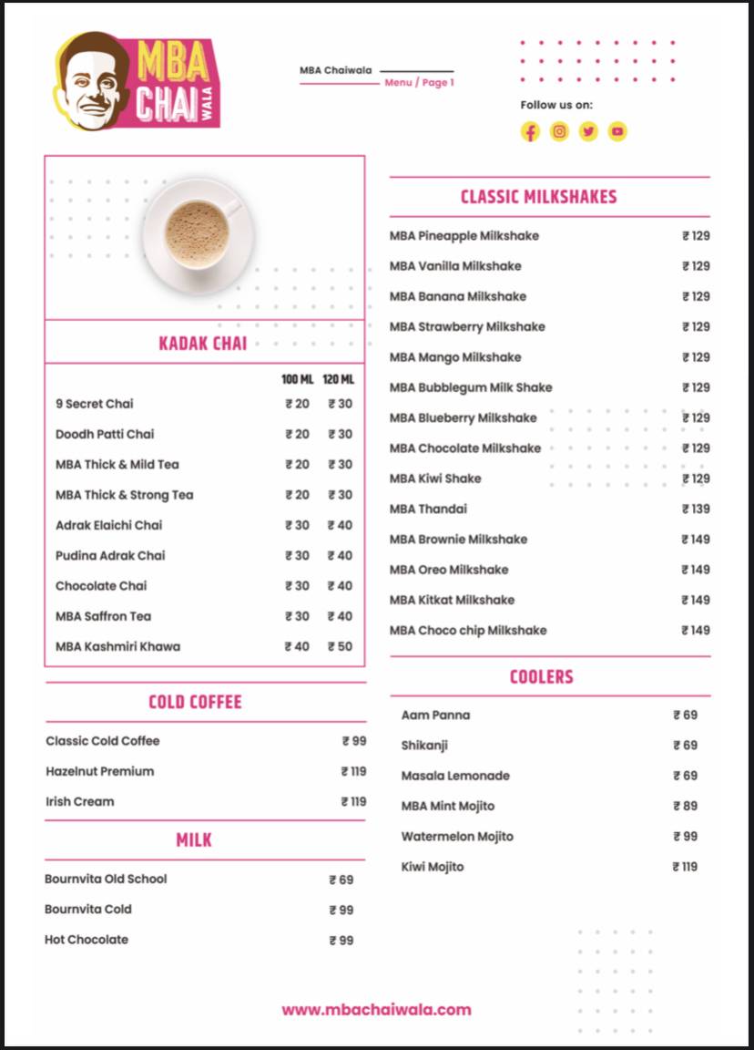 Menu at MBA Chaiwala Bangalore, Bengaluru
