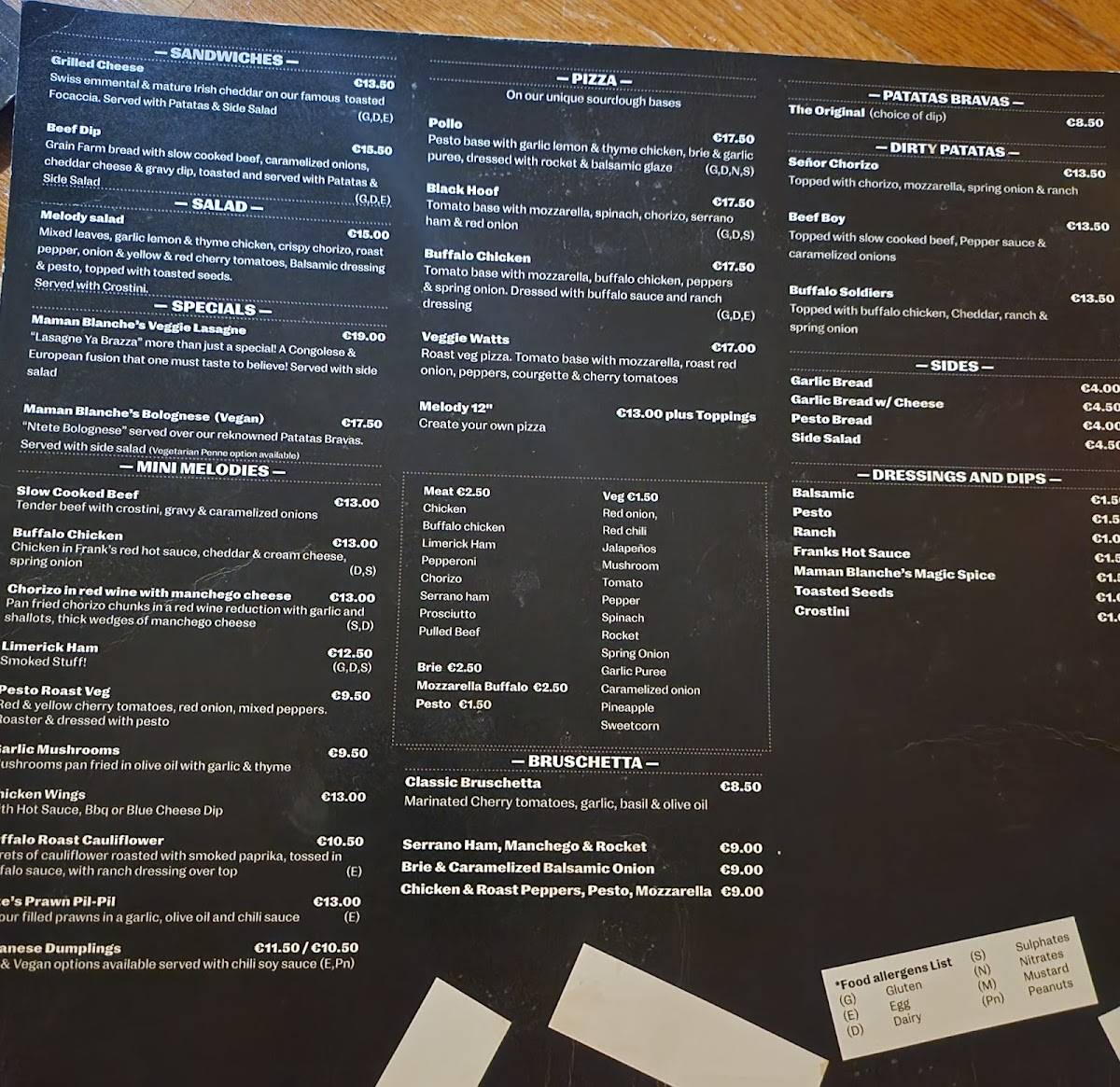 Menu at MELODY restaurant, Limerick