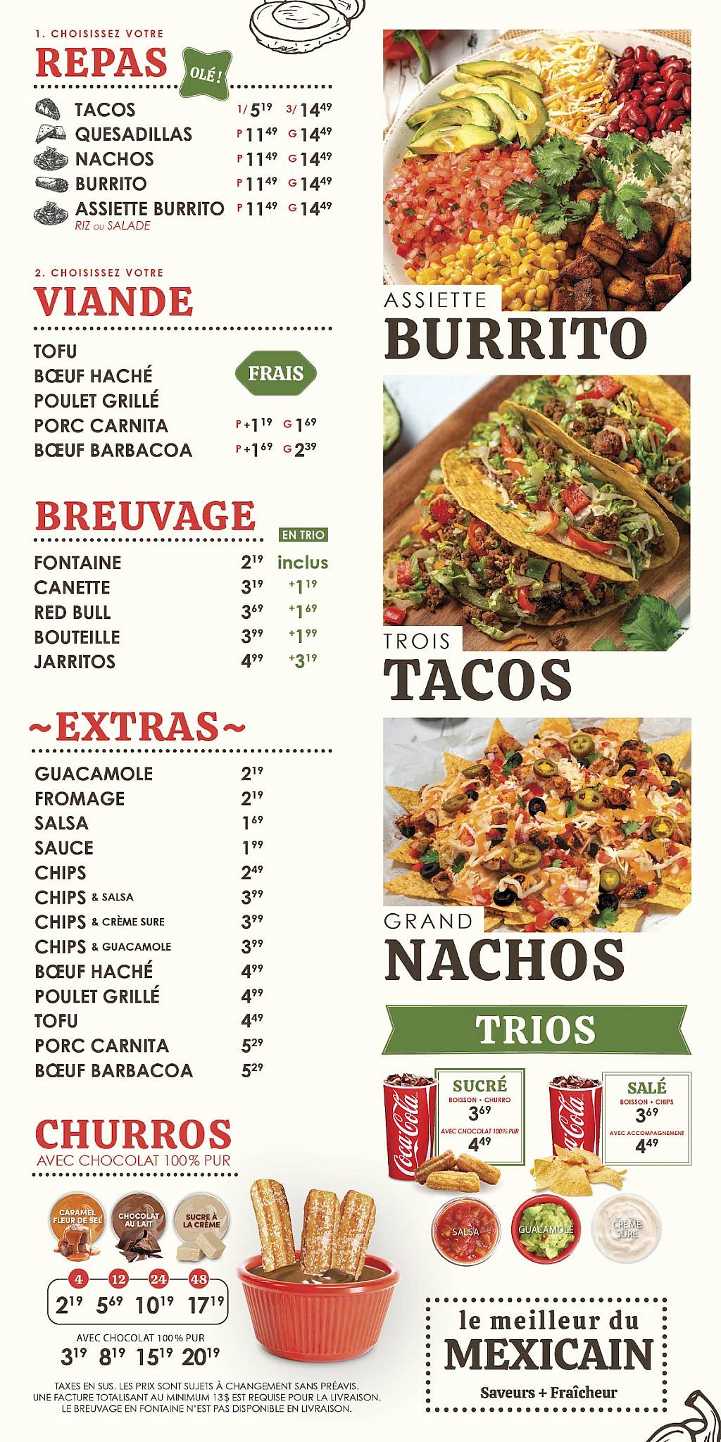 Menu au MEXICANO'S Bouvier restaurant, Québec