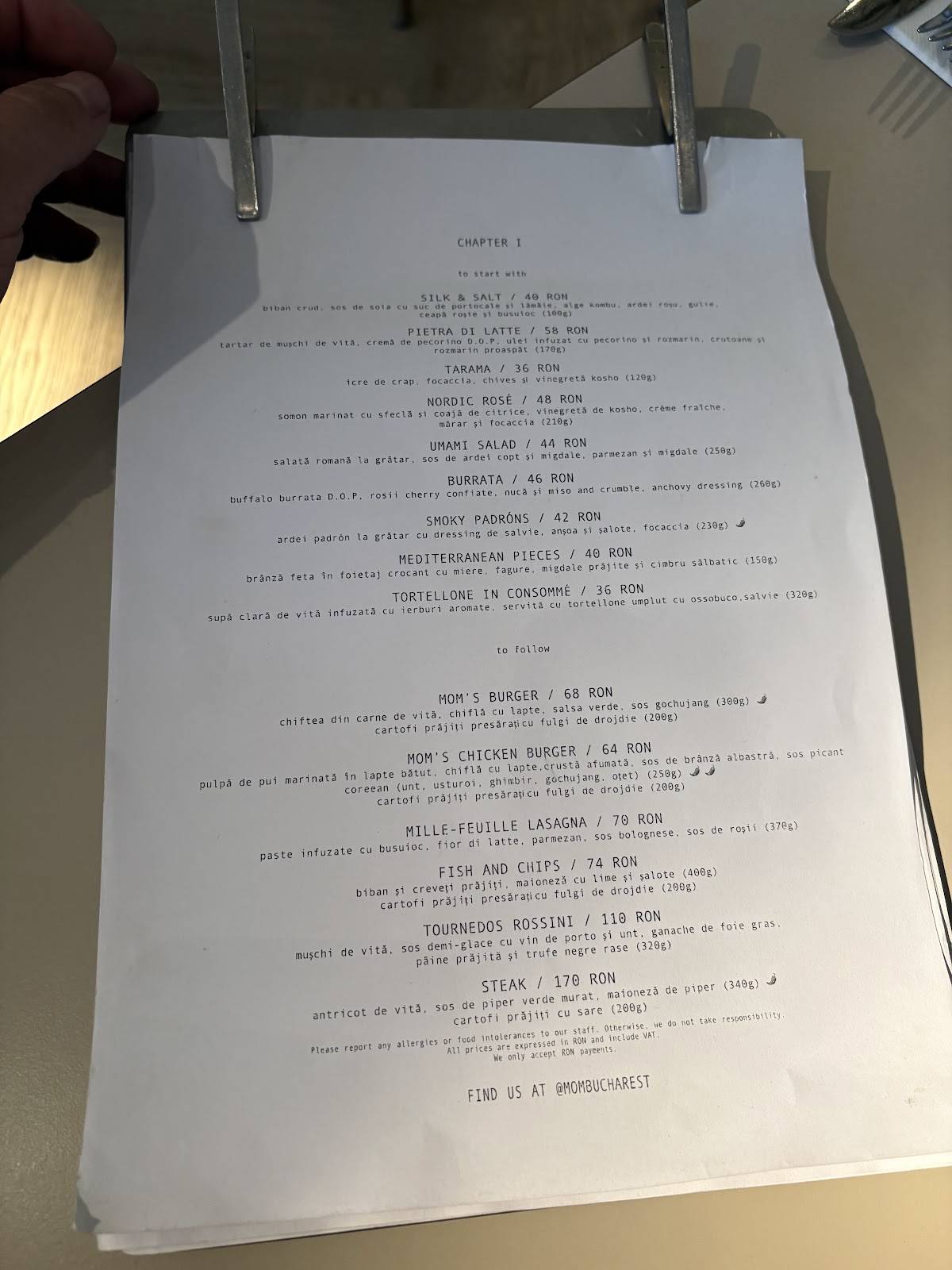 Menu at MOM Bucharest, Bucharest