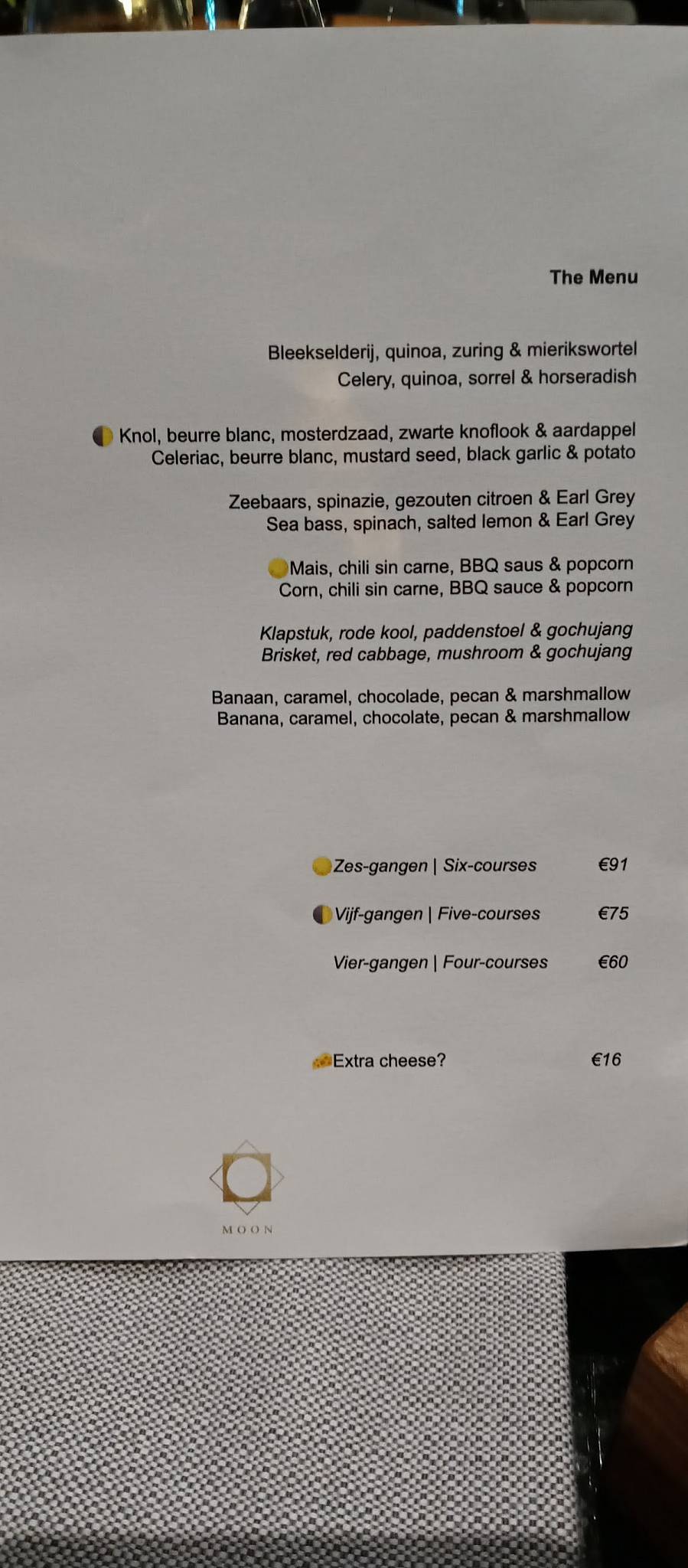 Menu at MOON, Amsterdam