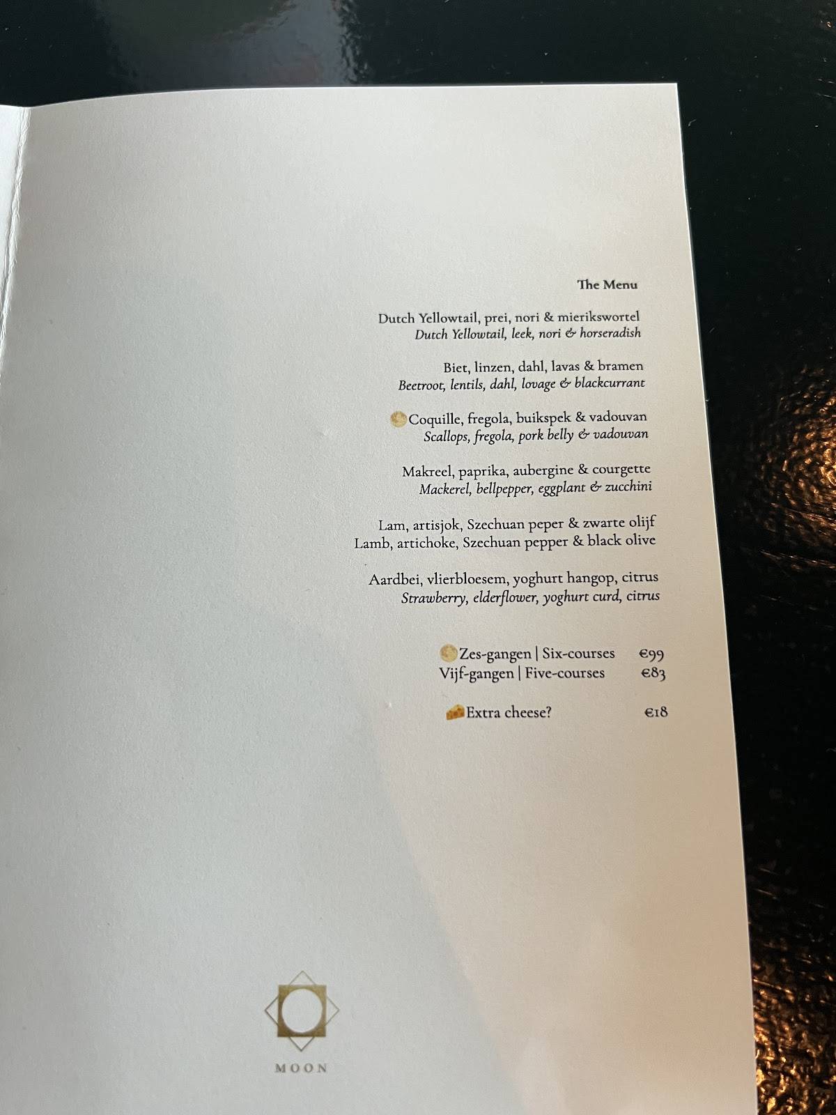 Carta de Restaurant Moon, Amsterdam