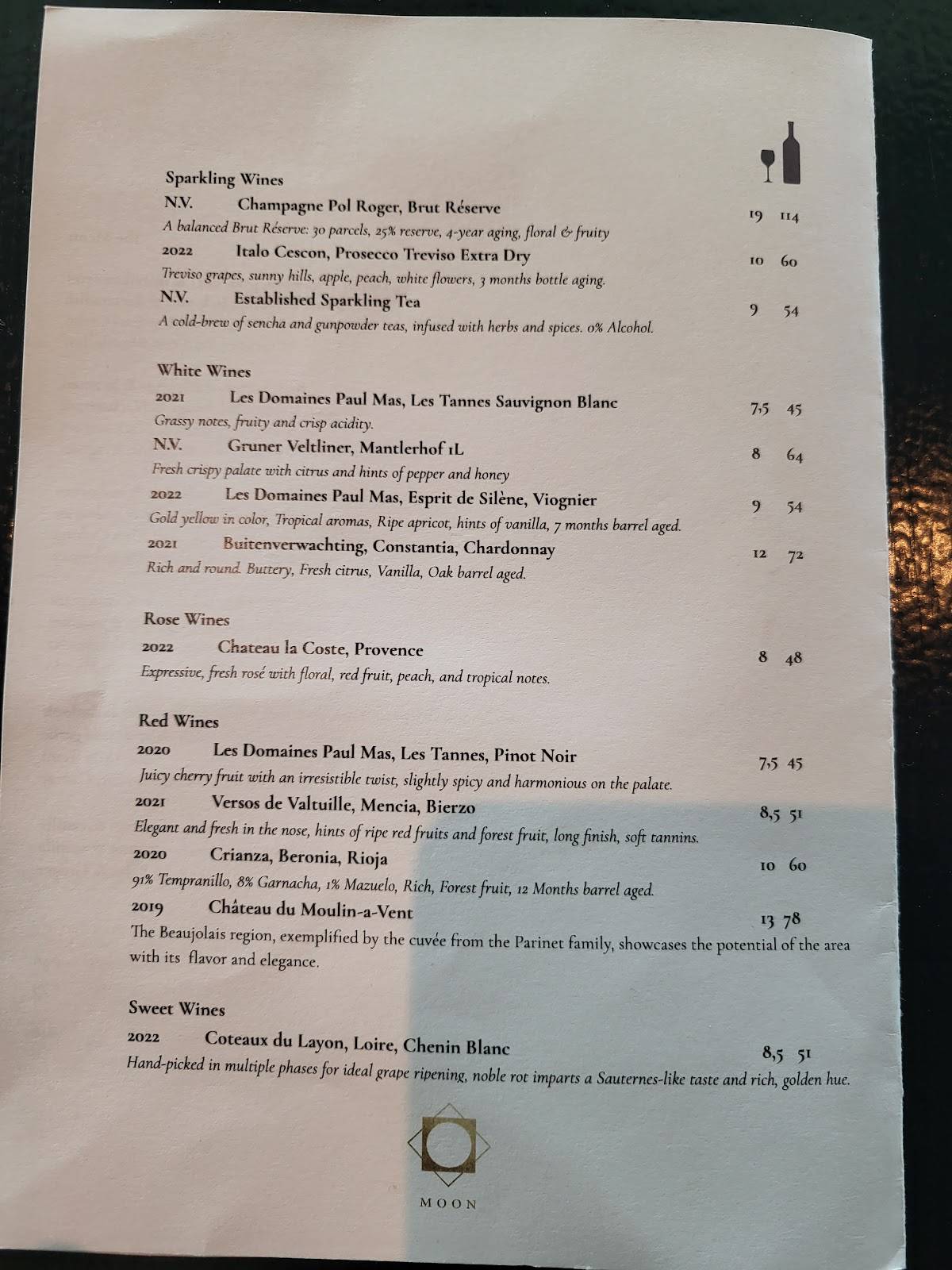 Menu at MOON, Amsterdam