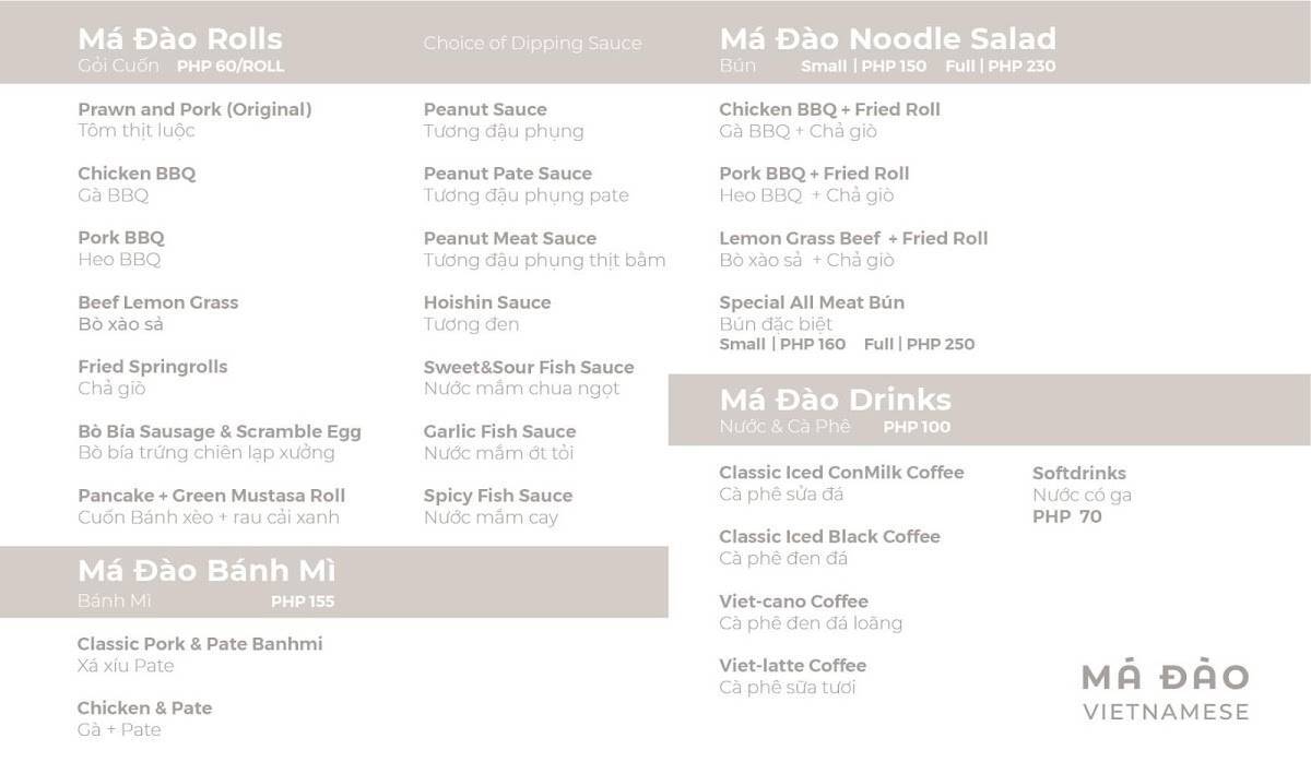 Menu at Má Đào Vietnamese Spring Rolls restaurant, Makati
