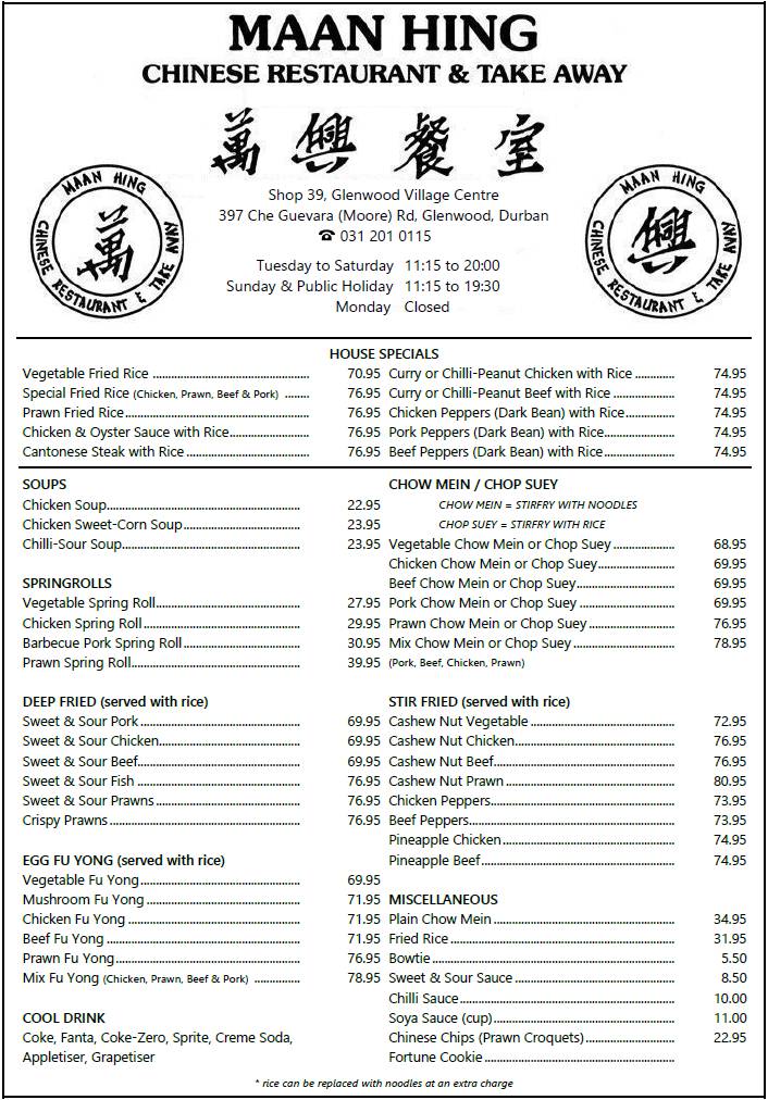 Menu at Maan Hing Chinese Takeaway restaurant, Durban