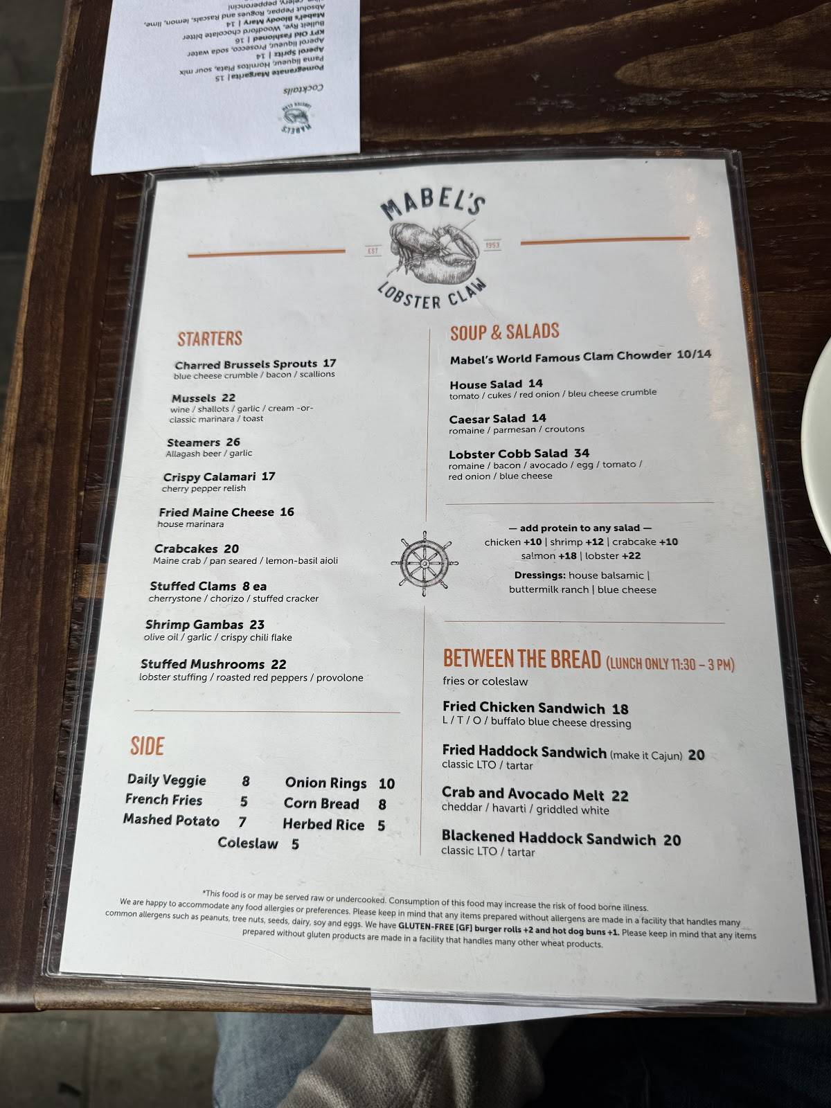 Menu at Mabel's Lobster Claw restaurant, Kennebunkport, 124 Ocean Ave