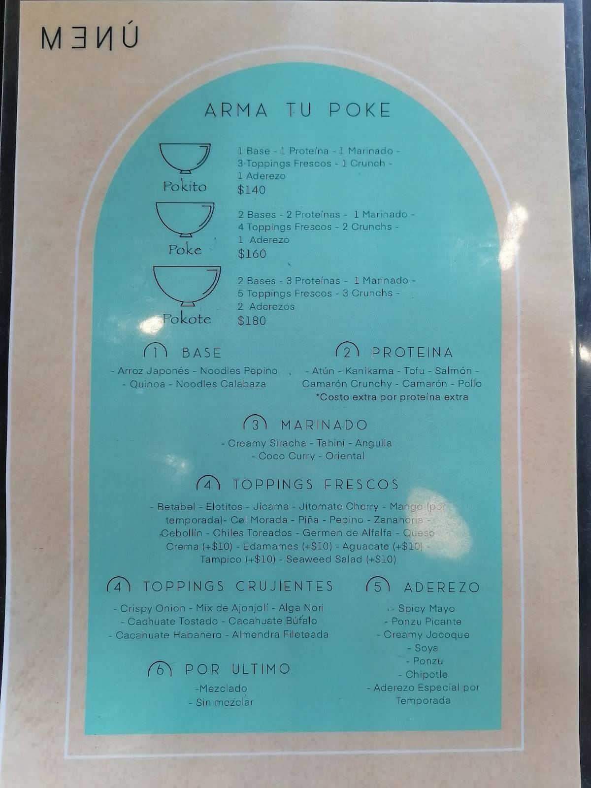 Menu at Maca Poke and fresh bar, Cuernavaca