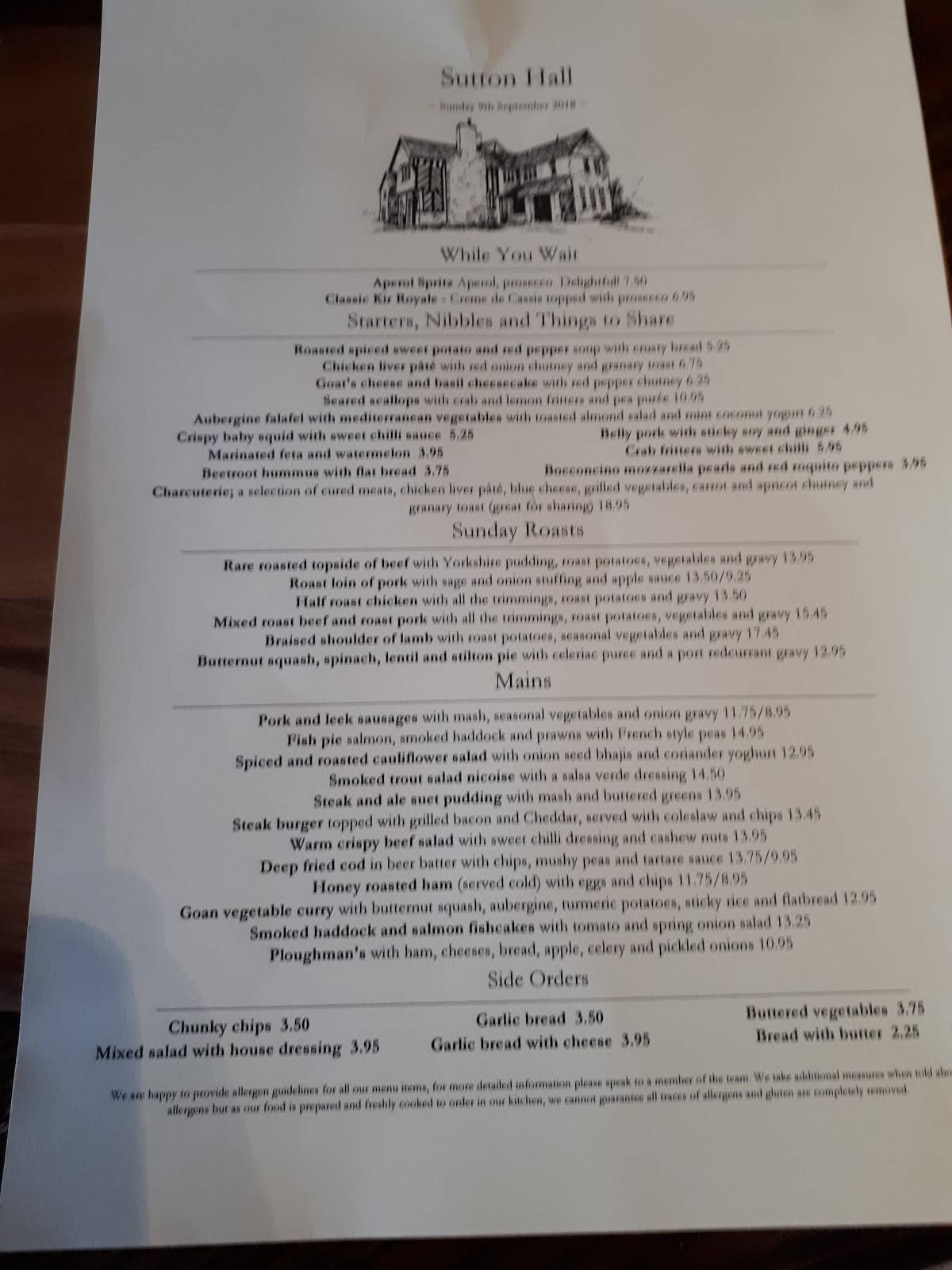 Menu at Sutton Hall pub & bar, Macclesfield