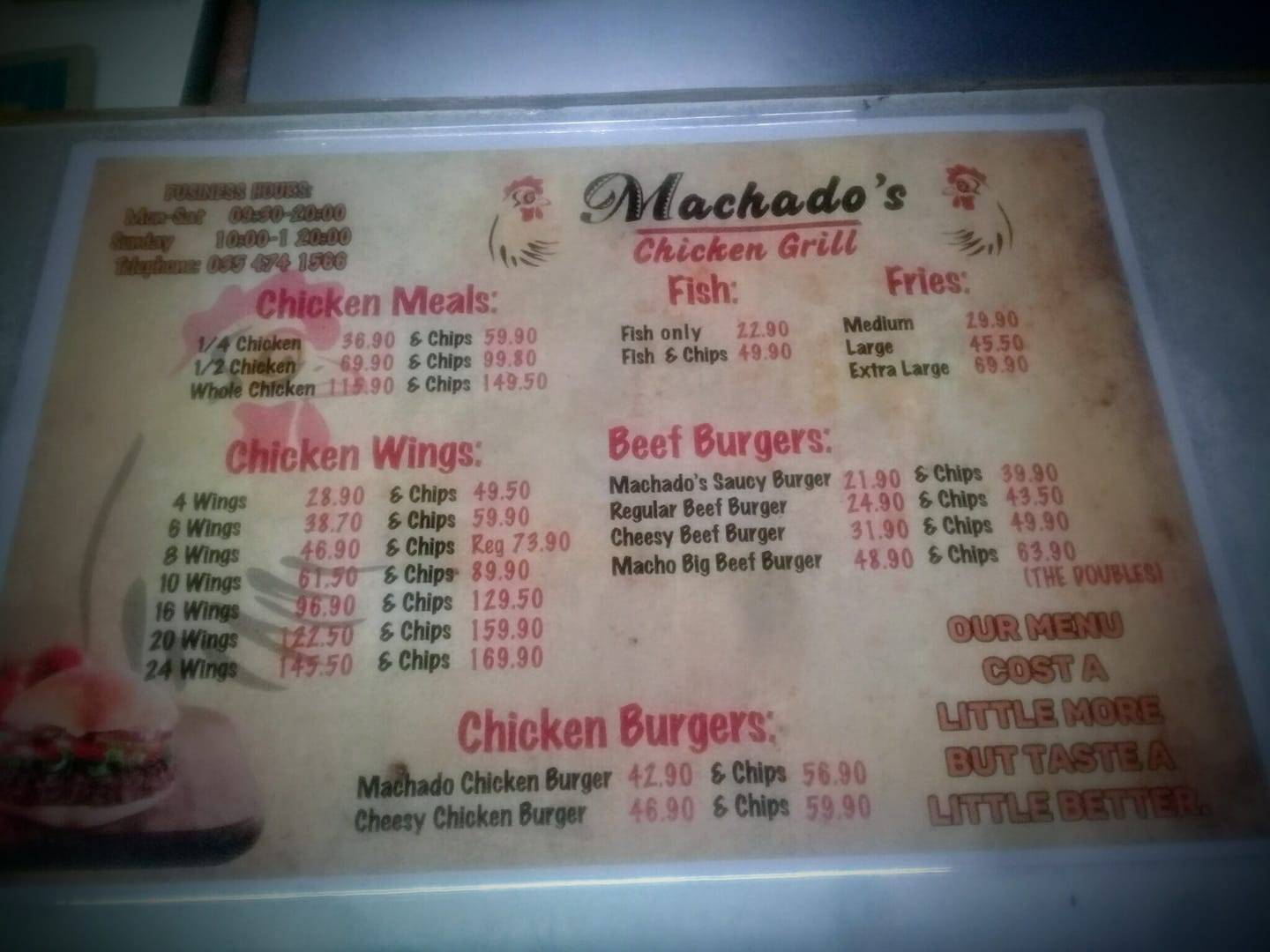 Menu at Machado's Chicken & Grill restaurant, Eshowe