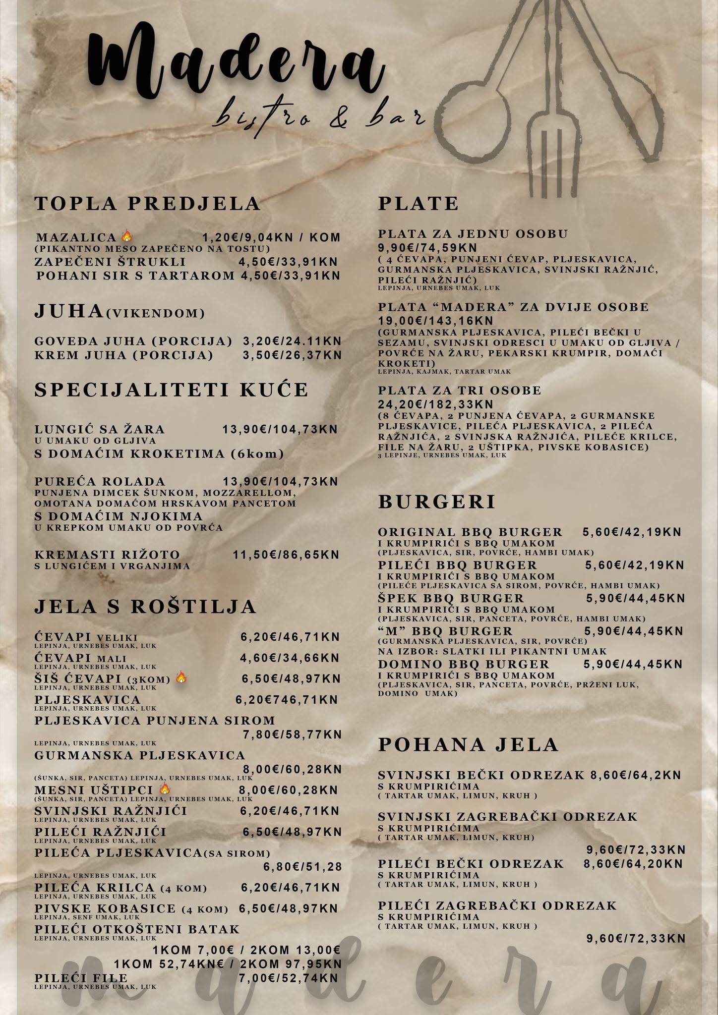 Menu at Madera restaurant, Zaprešić