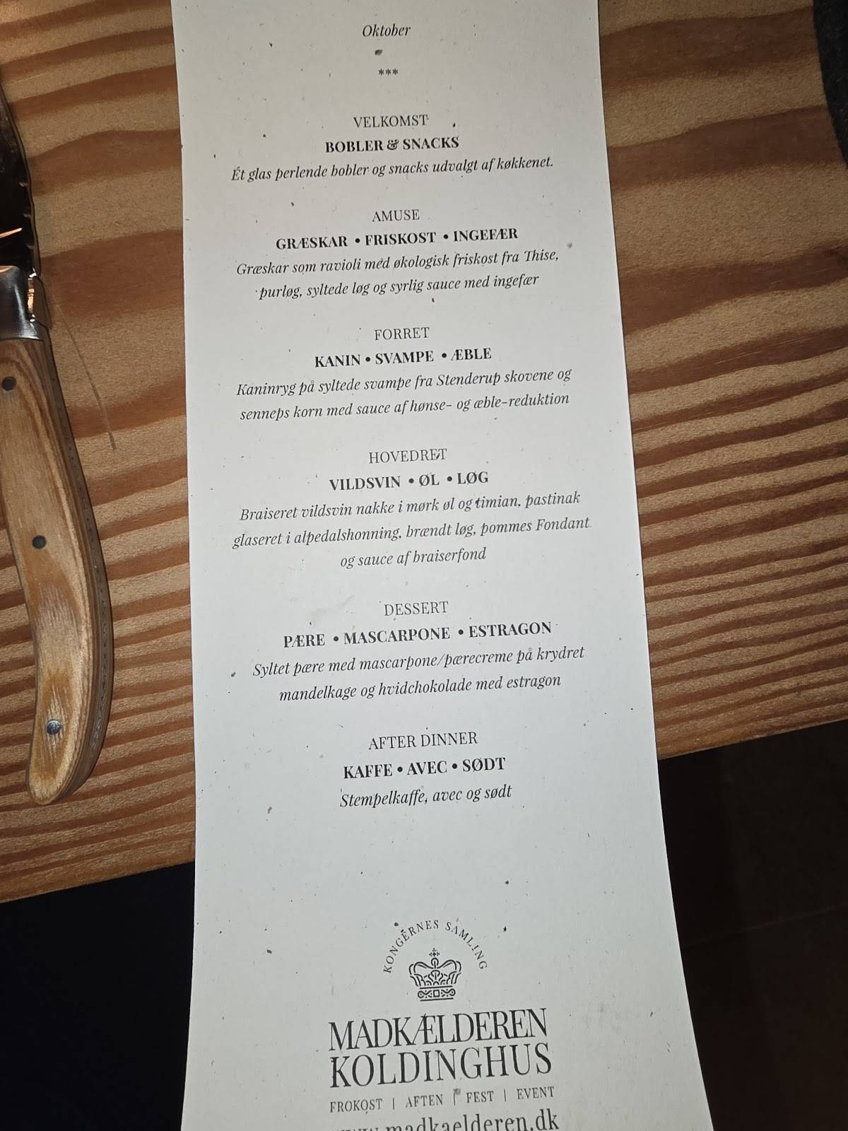Menu at Madkælderen Koldinghus restaurant, Kolding