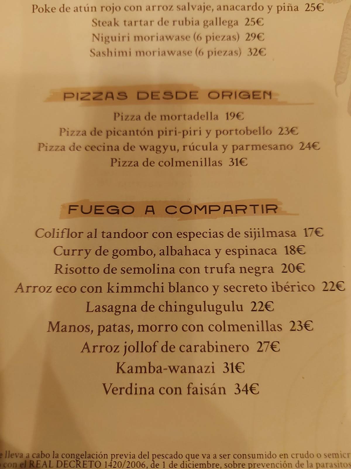 Menu at Aarde restaurant, Madrid