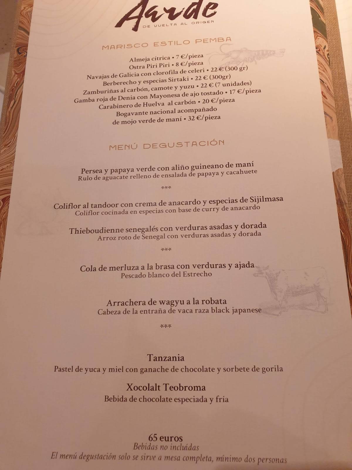 Menu at Aarde restaurant, Madrid