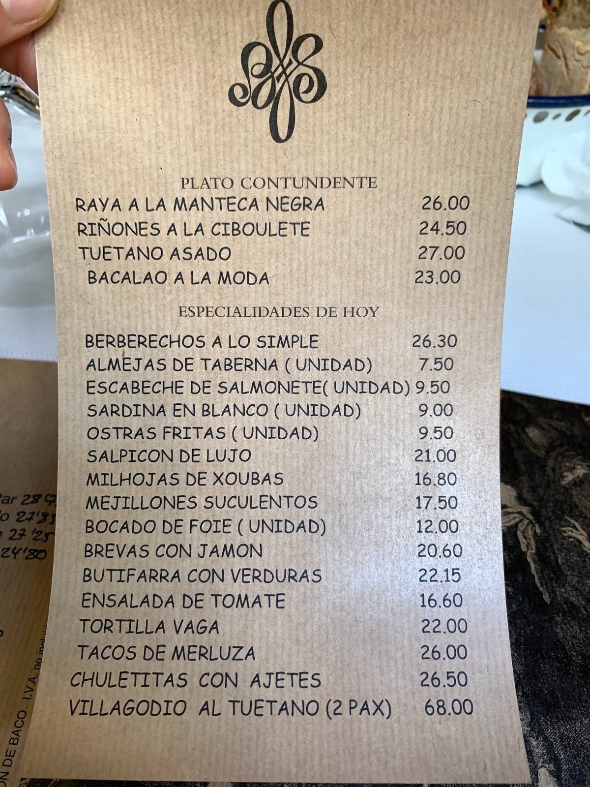 Menu at Sacha Restaurant, Madrid