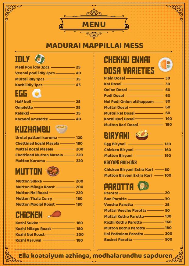 Menu at Madurai Mappillai Mess, Chennai